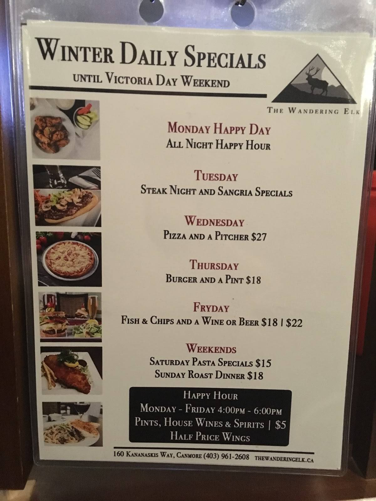 Menu at The Wandering Elk restaurant, Canmore