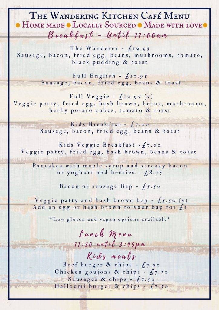 Menu at The Wandering Kitchen at Wet n Wild cafe, Berinsfield