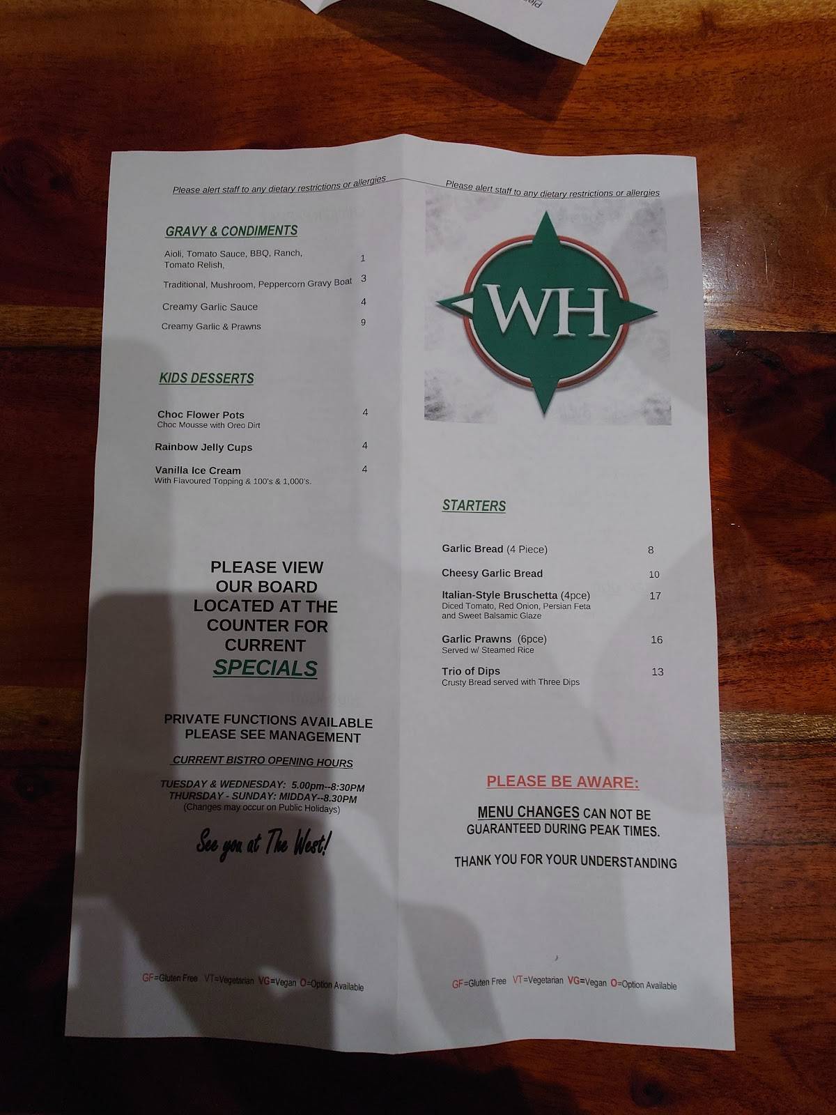 Menu at The Warburton Hotel, Wesburn - Bar & Bistro (The West), Wesburn
