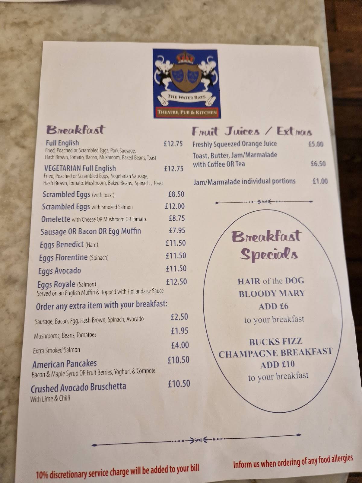 Menu at The Water Rats pub & bar, London