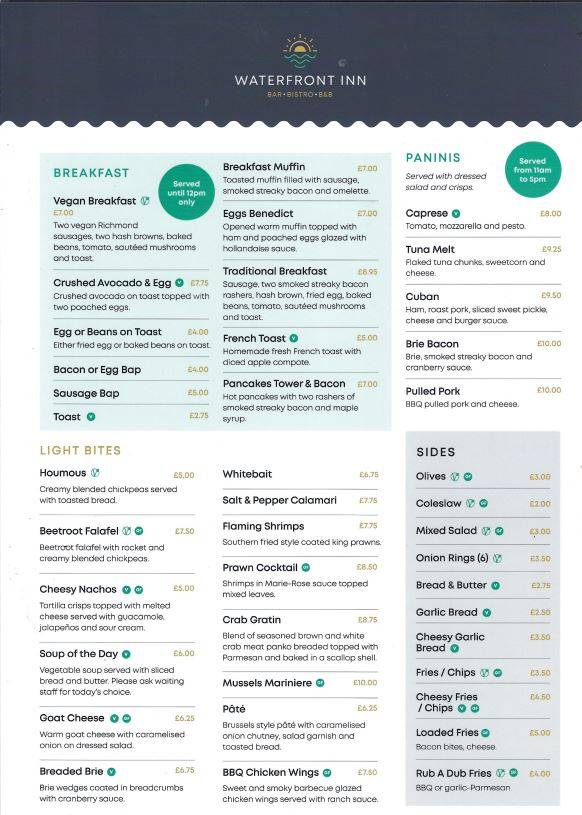 Menu at The Waterfront Inn restaurant, Shanklin