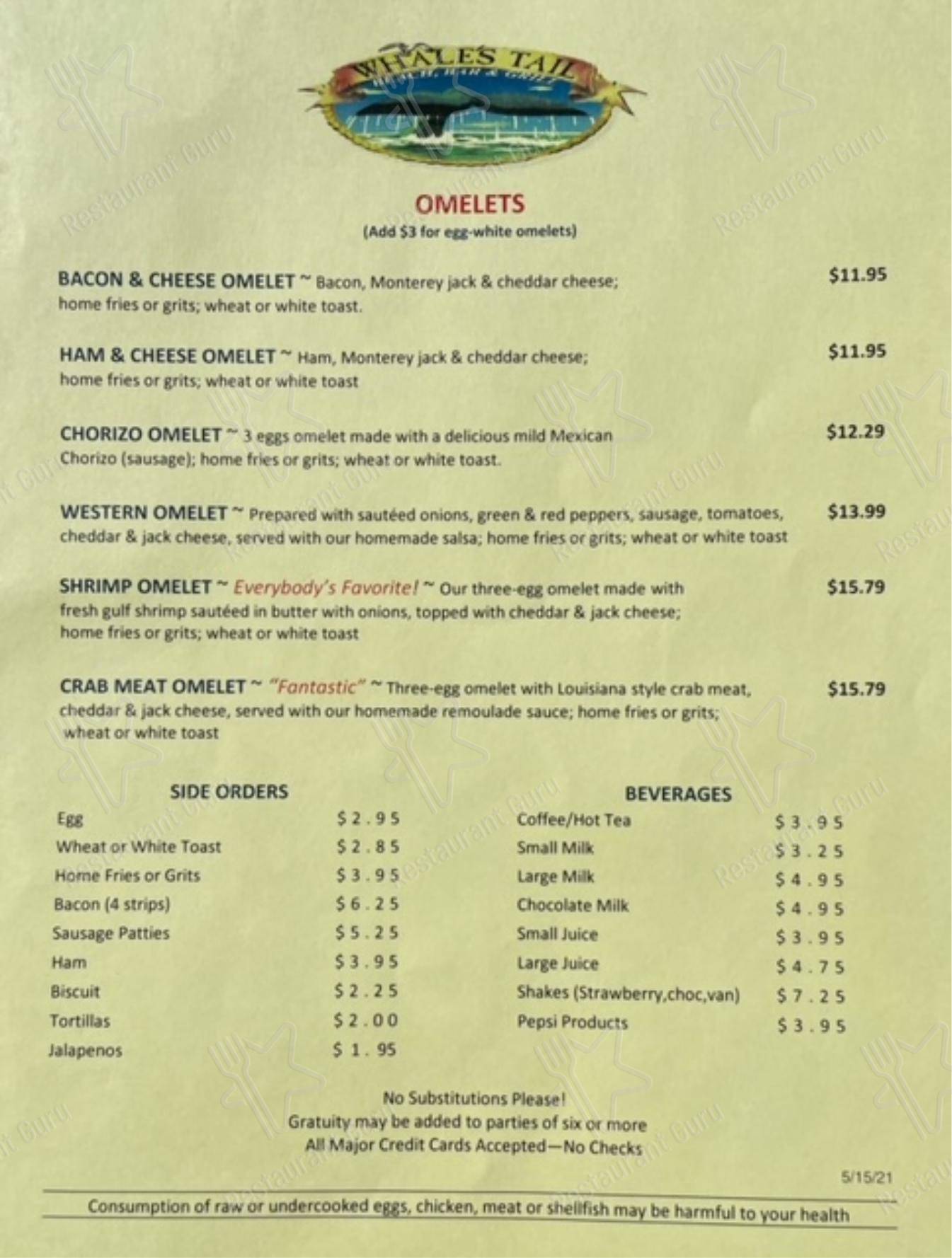 Menu at The Whale's Tail Beach Bar & Grill, Miramar Beach, Scenic Gulf Dr