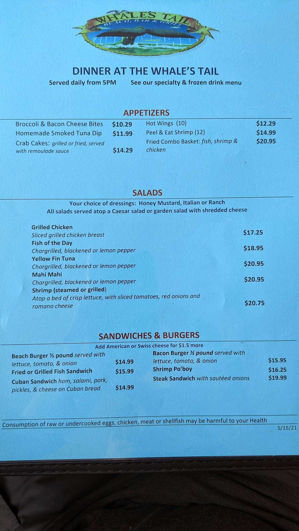 Menu at The Whale's Tail Beach Bar & Grill, Miramar Beach, Scenic Gulf Dr