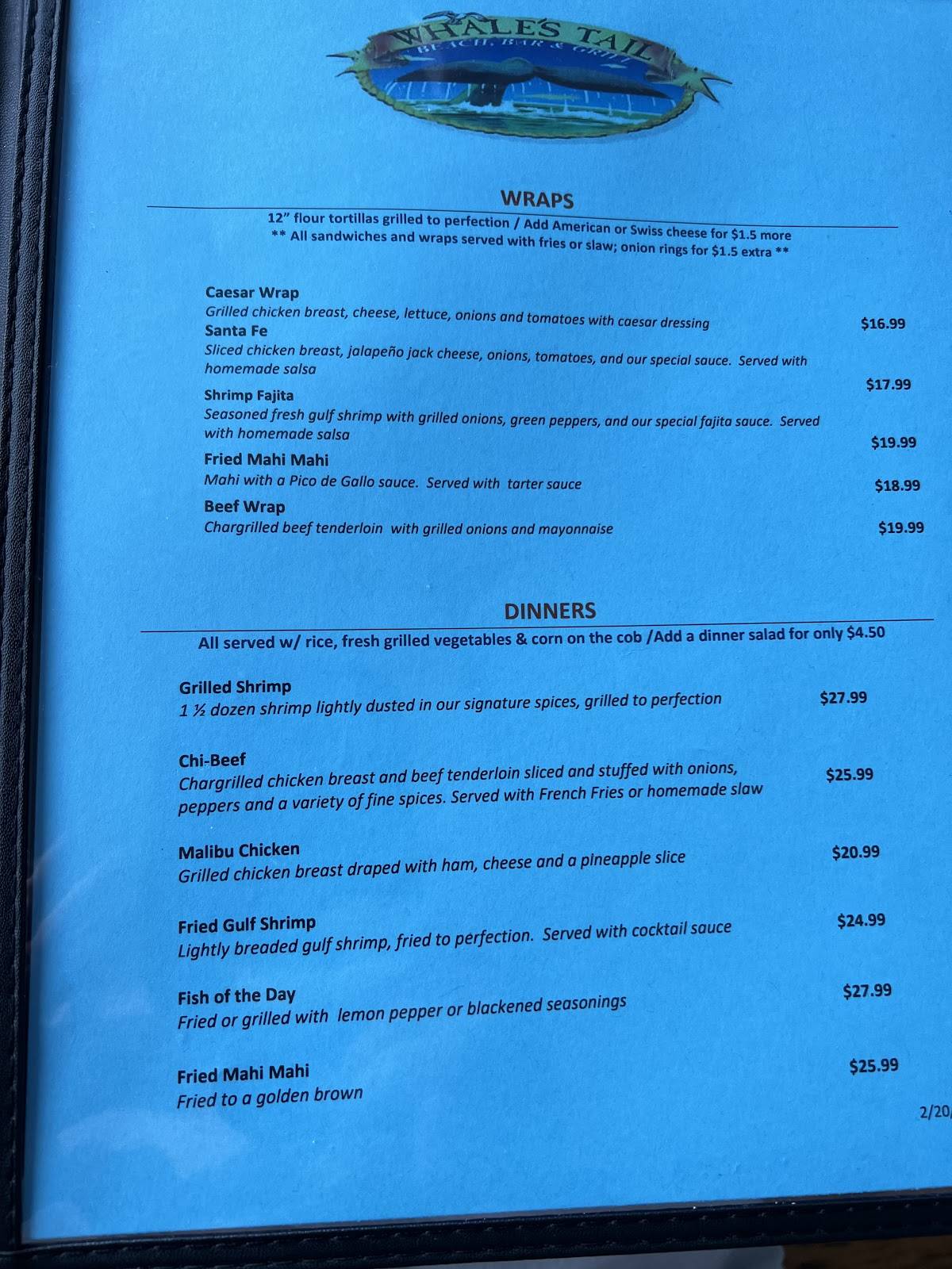 Menu at The Whale's Tail Beach Bar & Grill, Miramar Beach, Scenic Gulf Dr