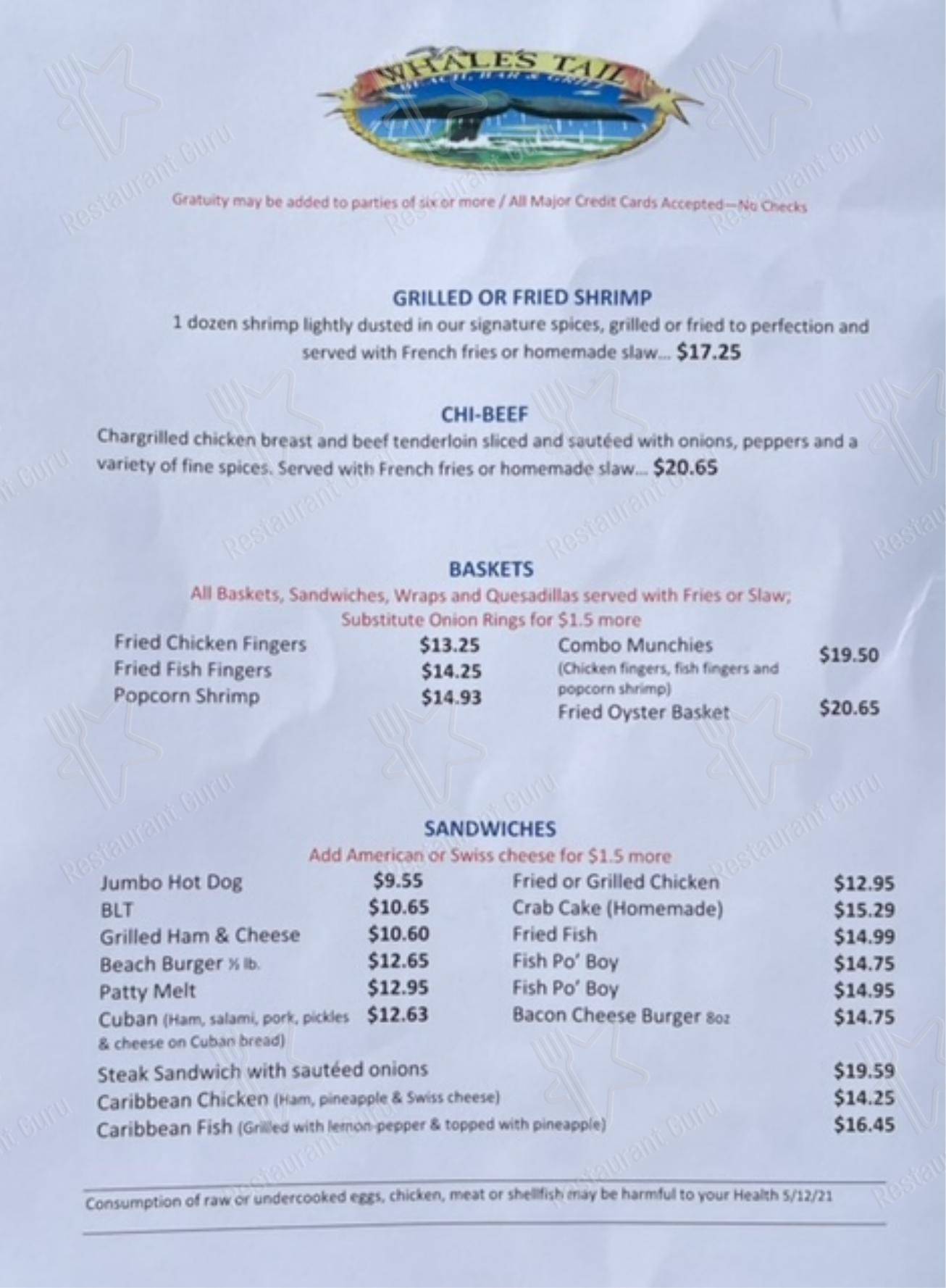 Menu at The Whale's Tail Beach Bar & Grill, Miramar Beach, Scenic Gulf Dr