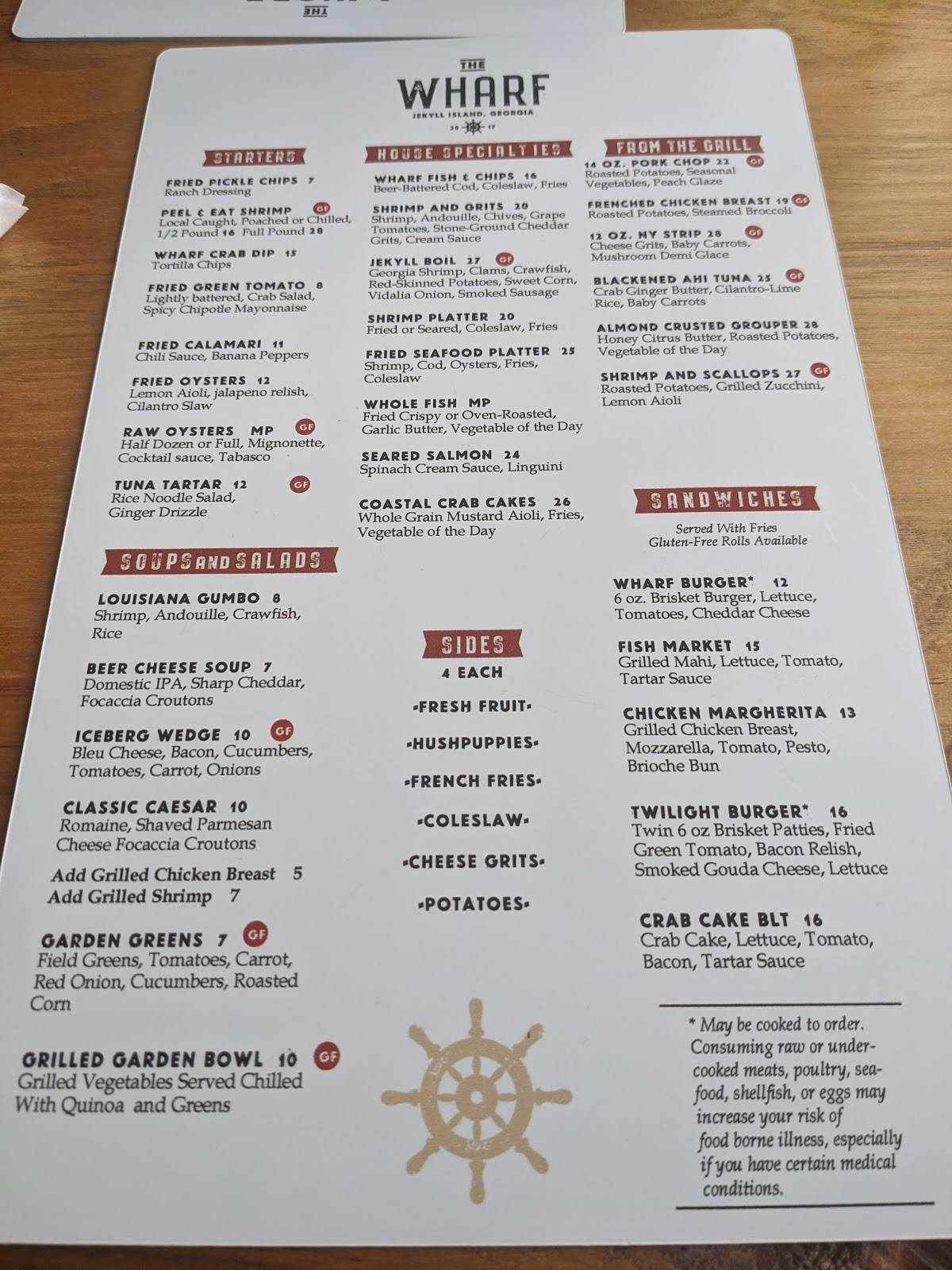 Menu at The Wharf restaurant, Jekyll Island