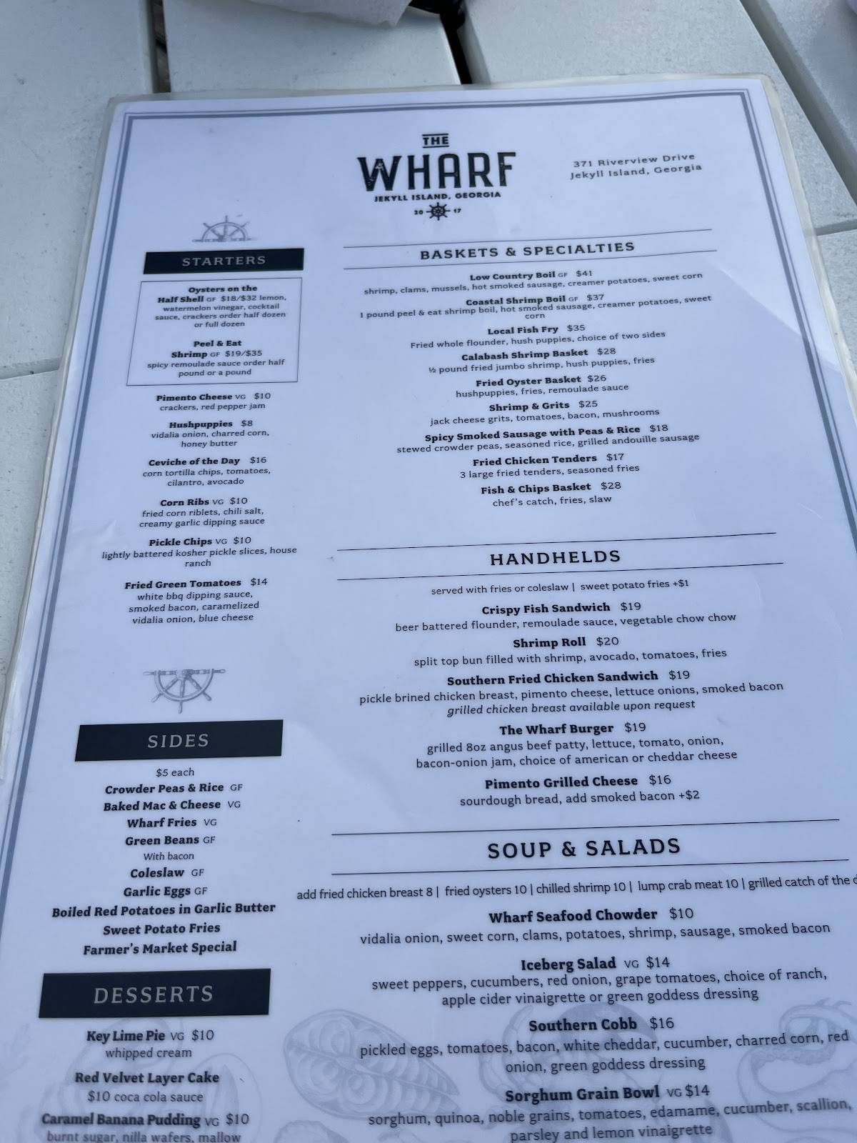 Menu at The Wharf restaurant, Jekyll Island