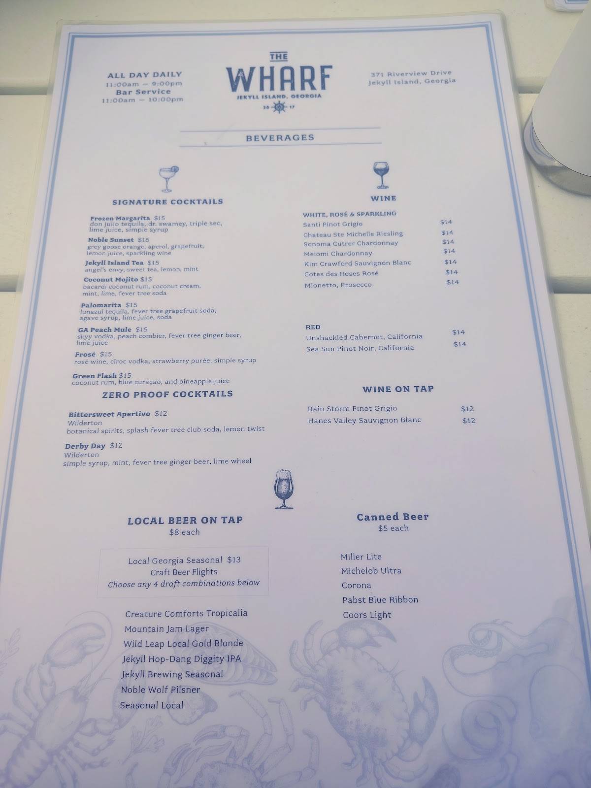 Menu at The Wharf restaurant, Jekyll Island