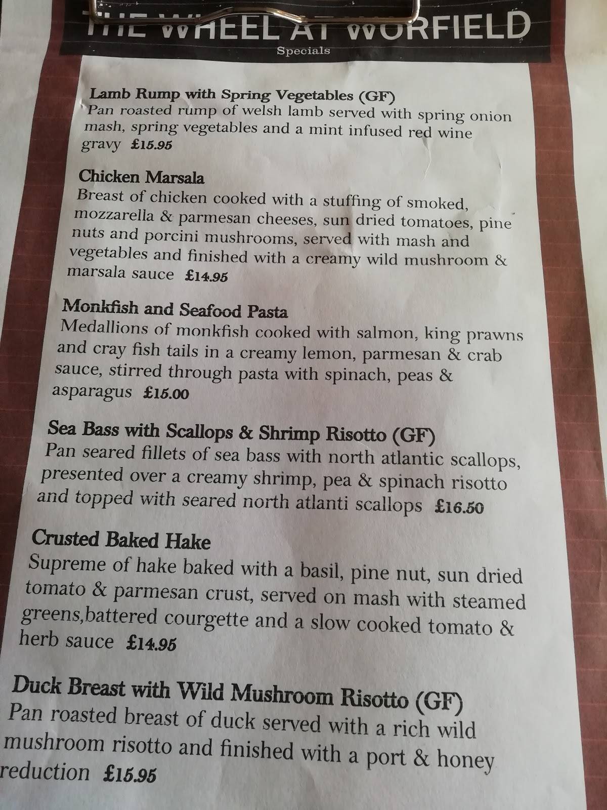 Menu at The Wheel at Worfield pub & bar, Worfield