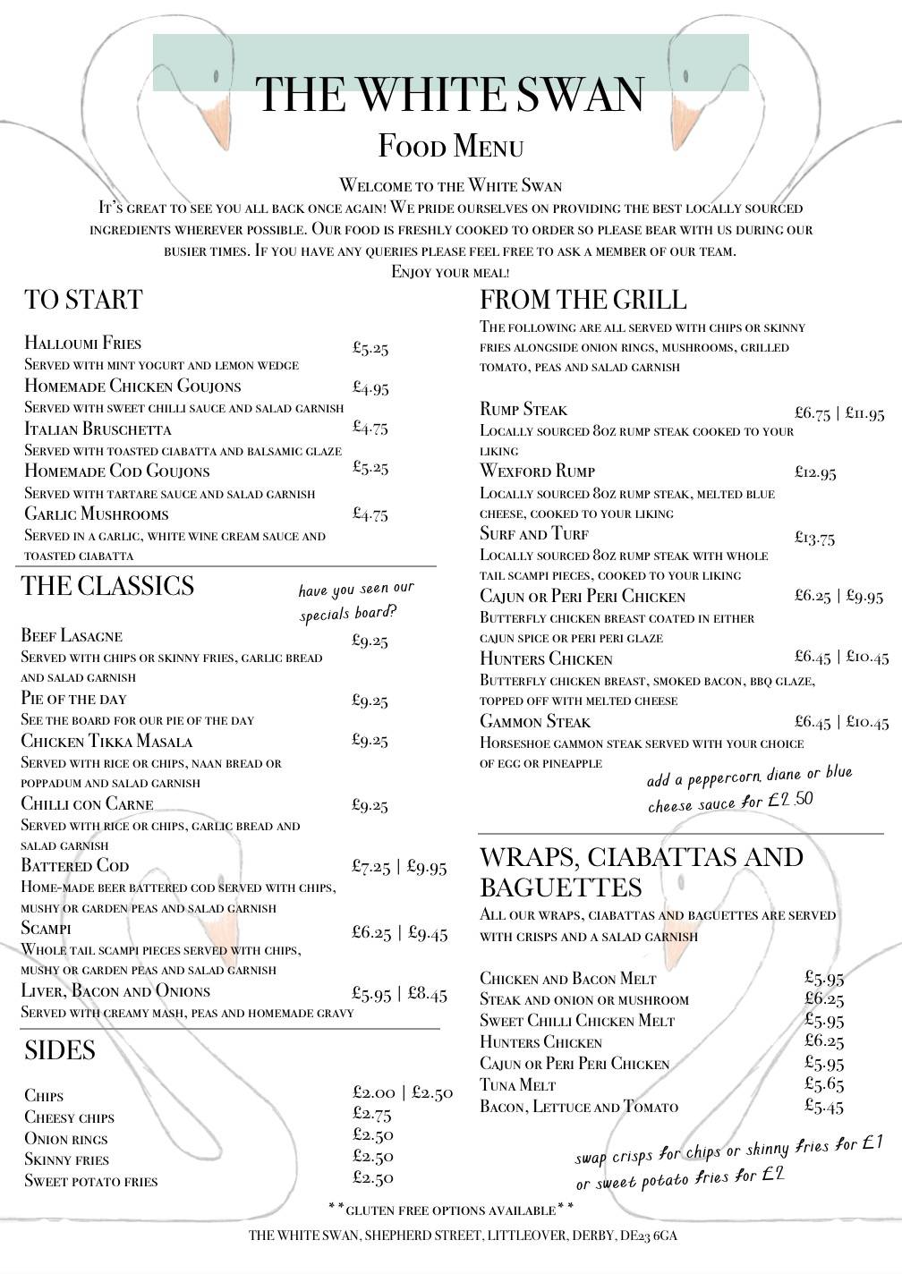 Menu at The White Swan pub & bar, Derby, Shepherd St