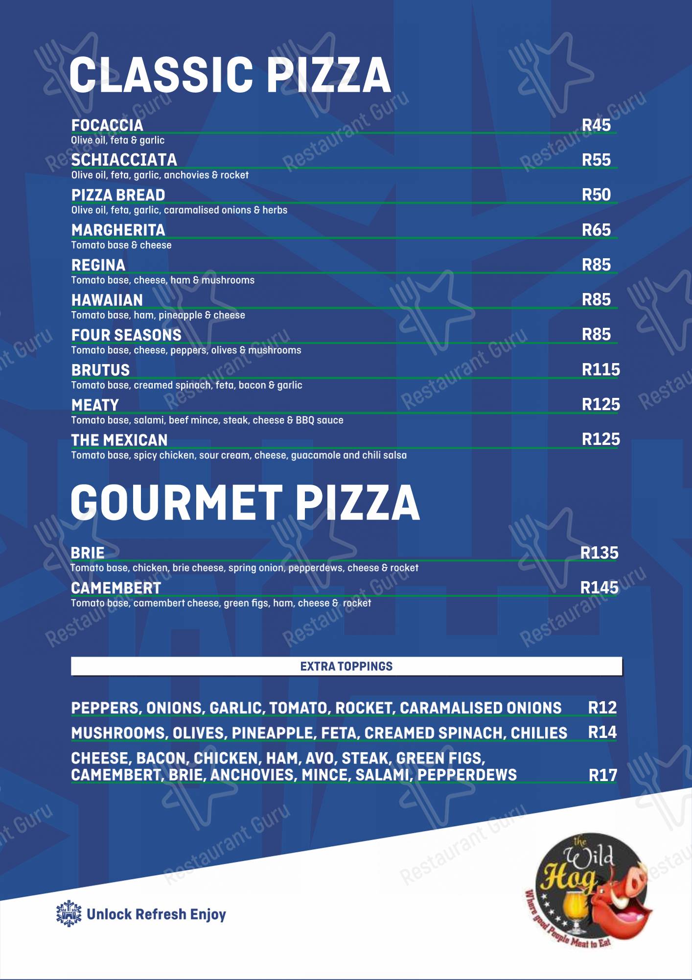 Menu at The Wild Hog Pub & Grill, Port Elizabeth
