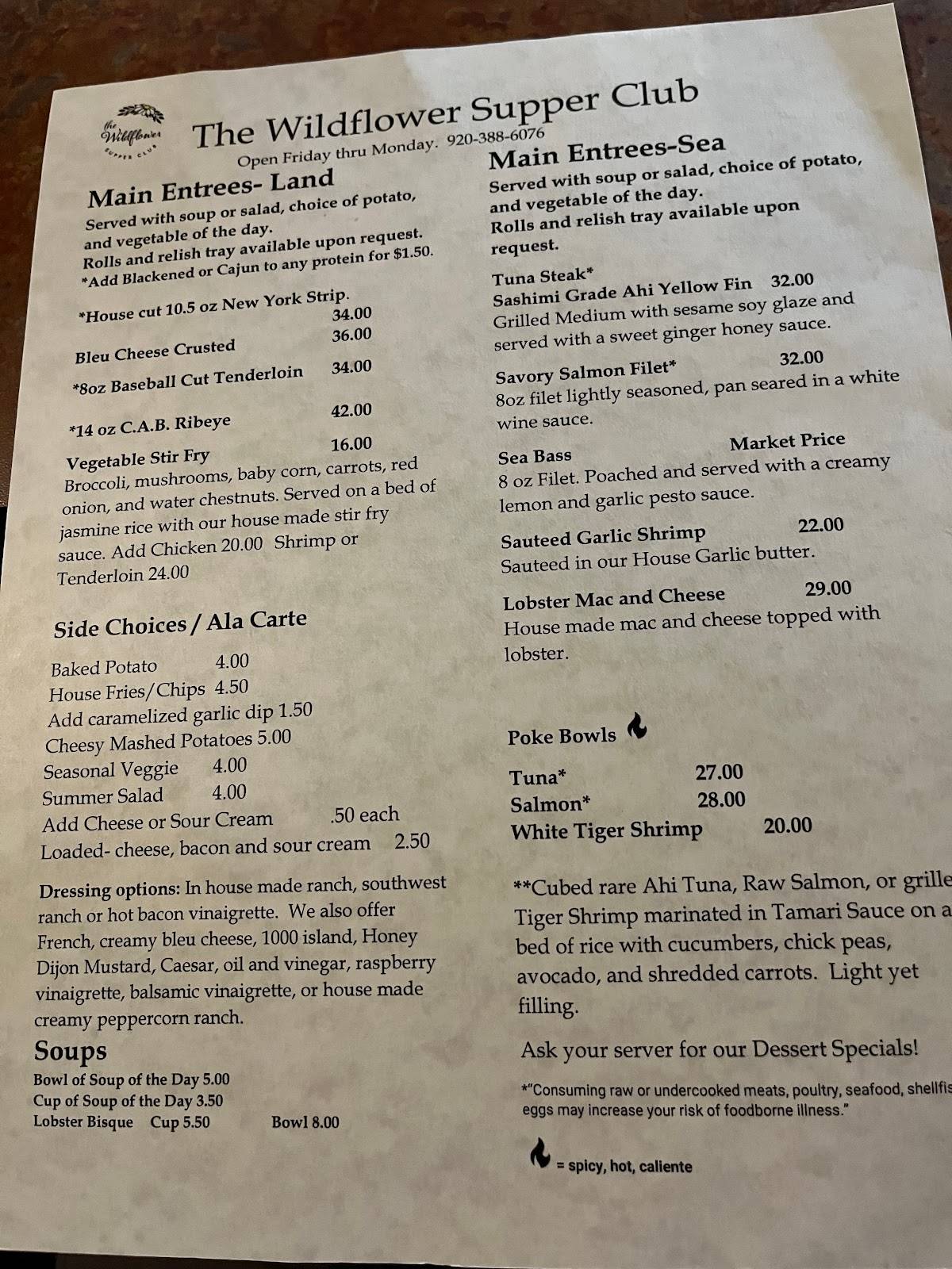 Menu at The Wildflower Supper Club, Kewaunee