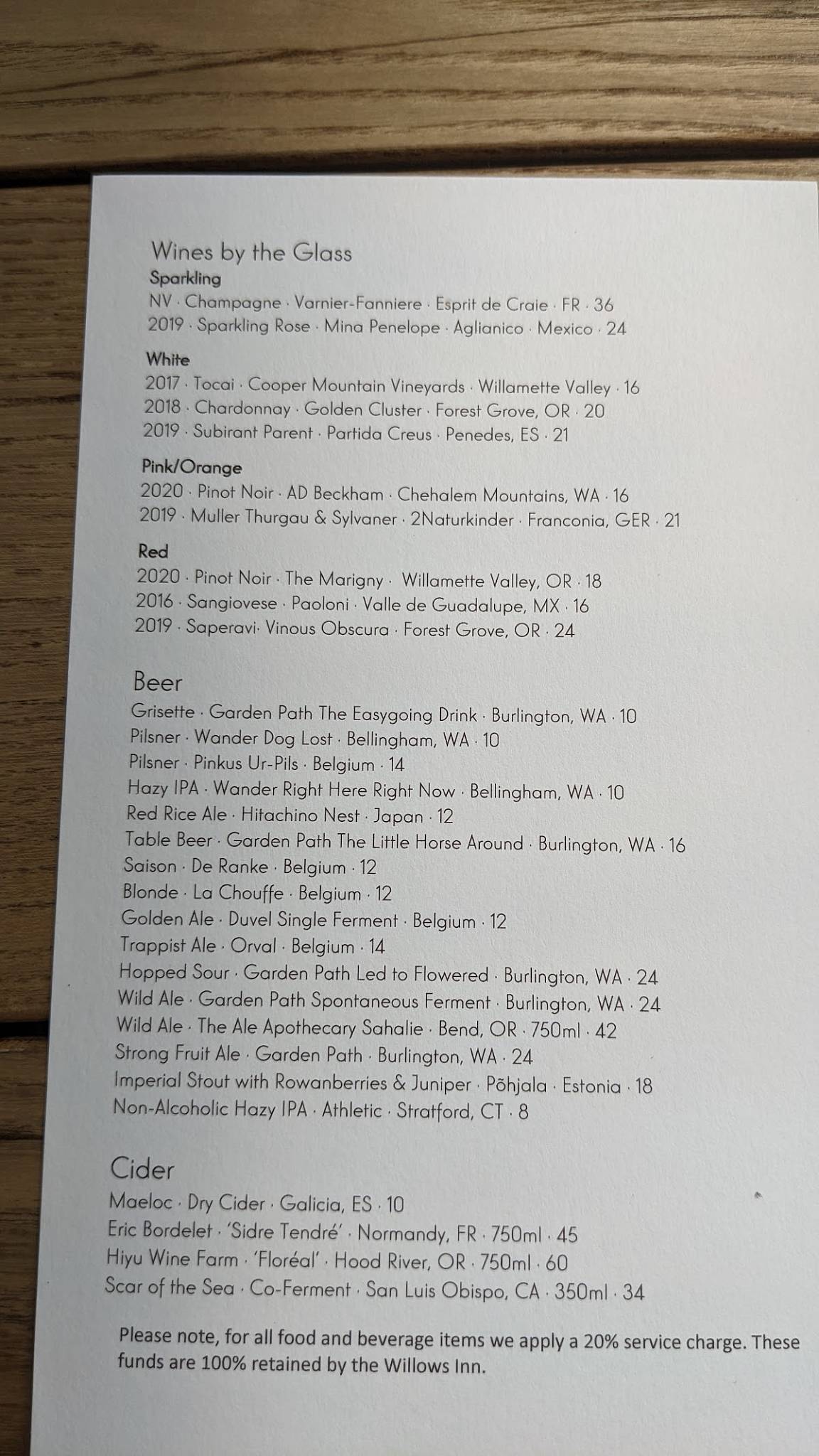 Menu at The Willows Inn Restaurant, Lummi Island