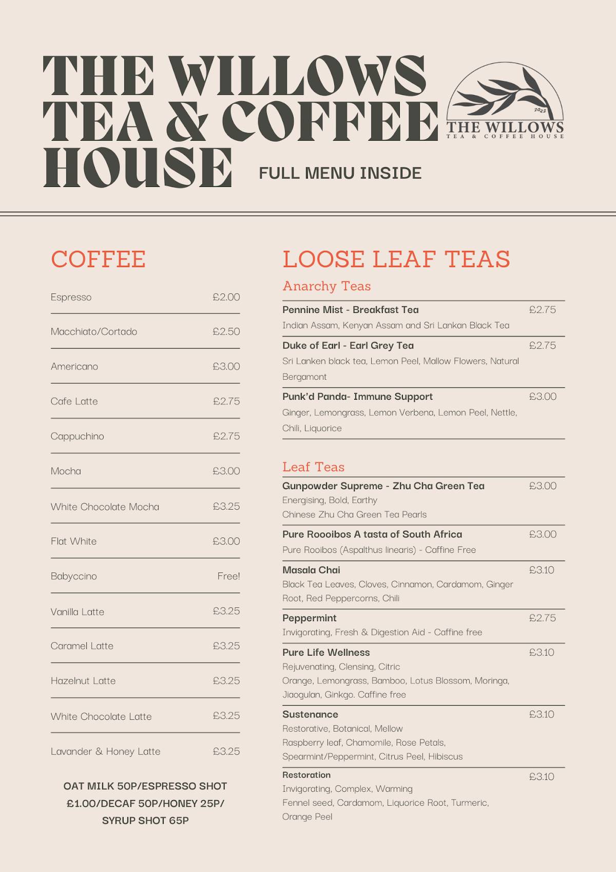 Menu at The Willows Tea and Coffee House, Todmorden