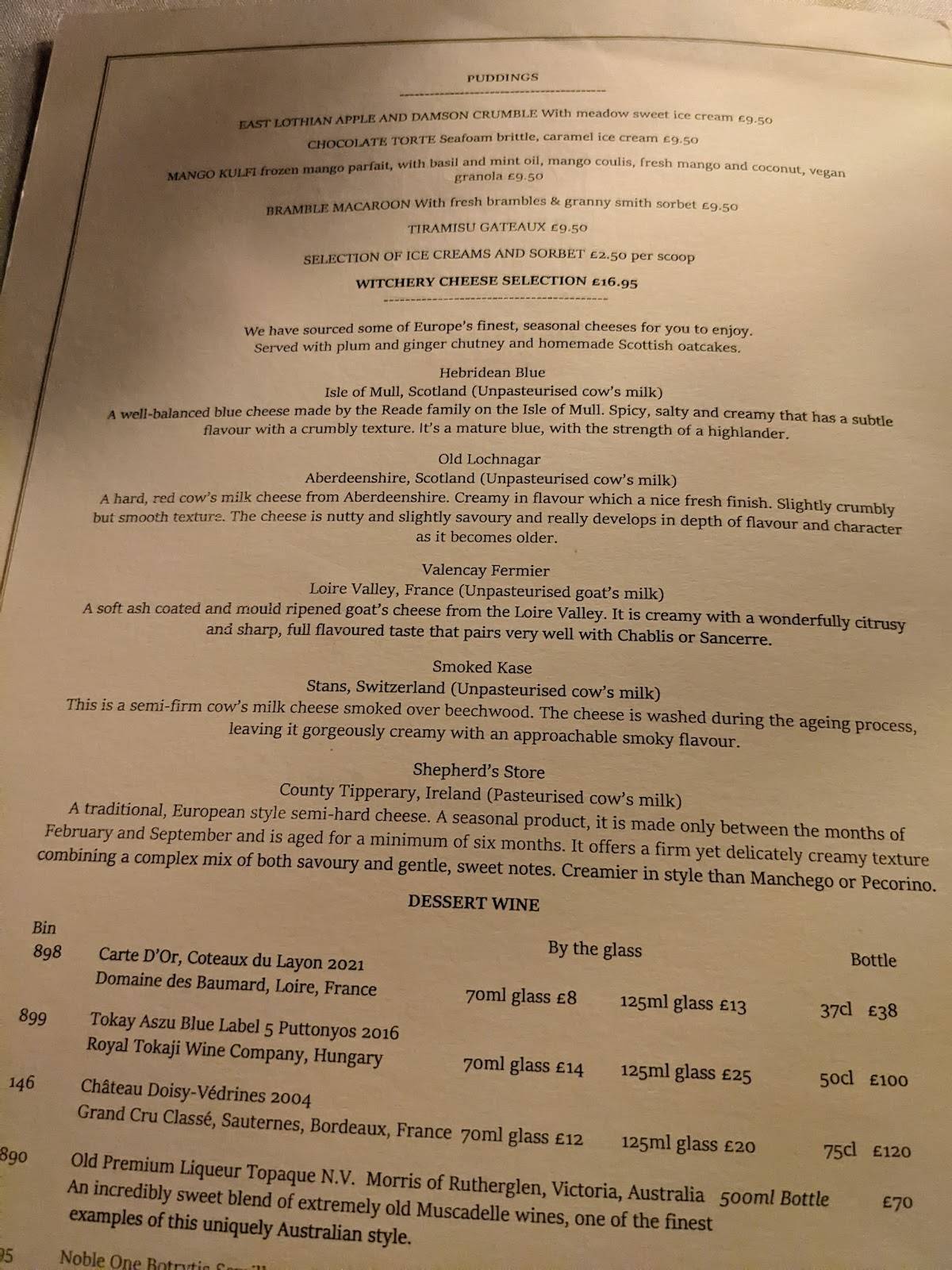Menu at The Witchery by the Castle restaurant, Edinburgh