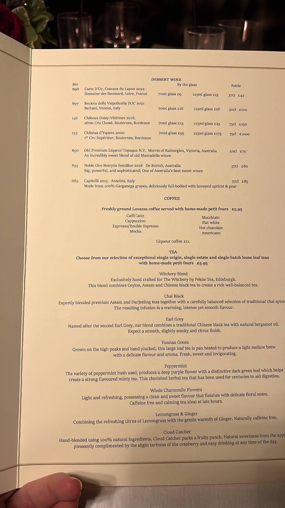 Menu at The Witchery by the Castle restaurant, Edinburgh
