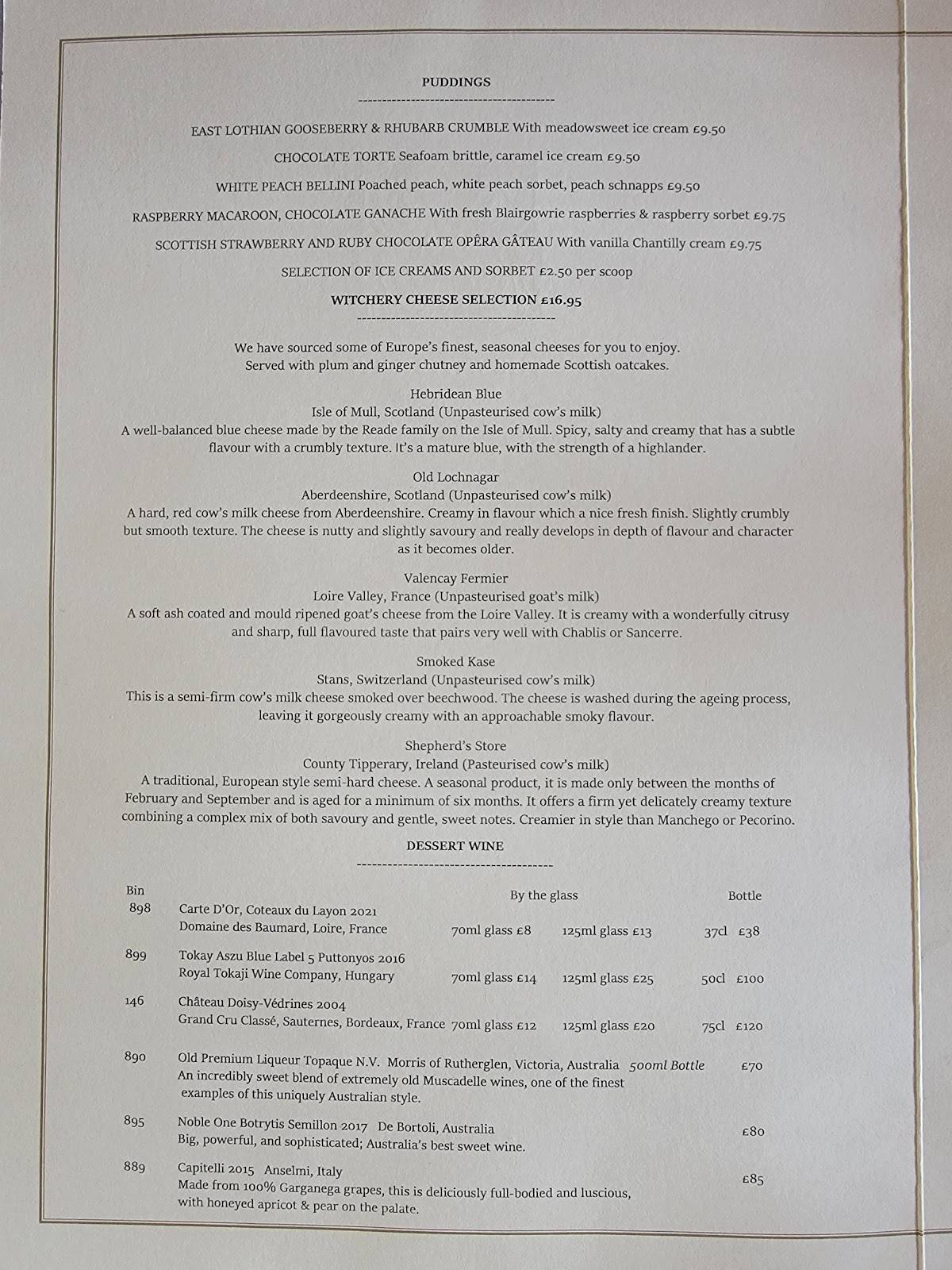 Menu at The Witchery by the Castle restaurant, Edinburgh