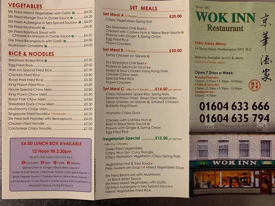 Menu at The Wok Inn Chinese Restaurant, Northampton