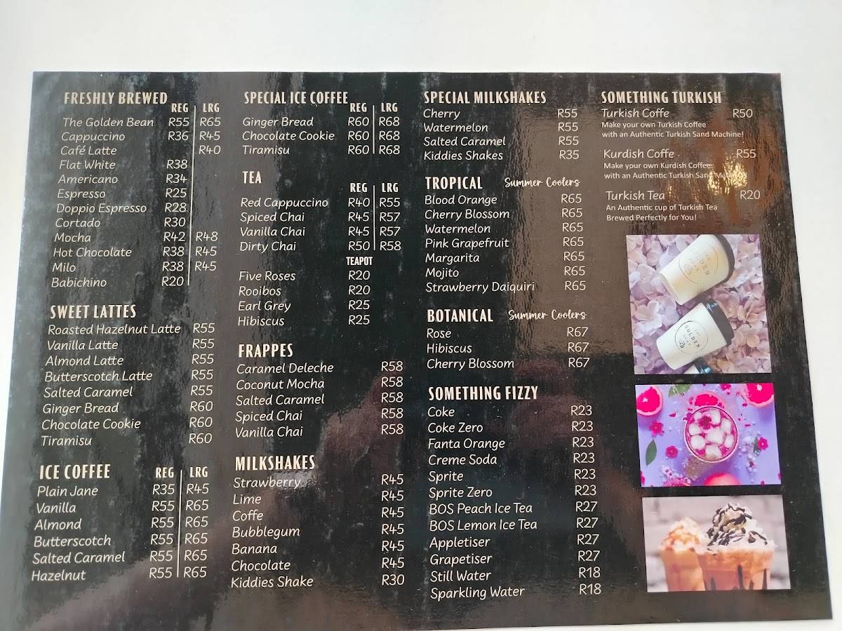 Menu at The golden bean, Vanderbijlpark