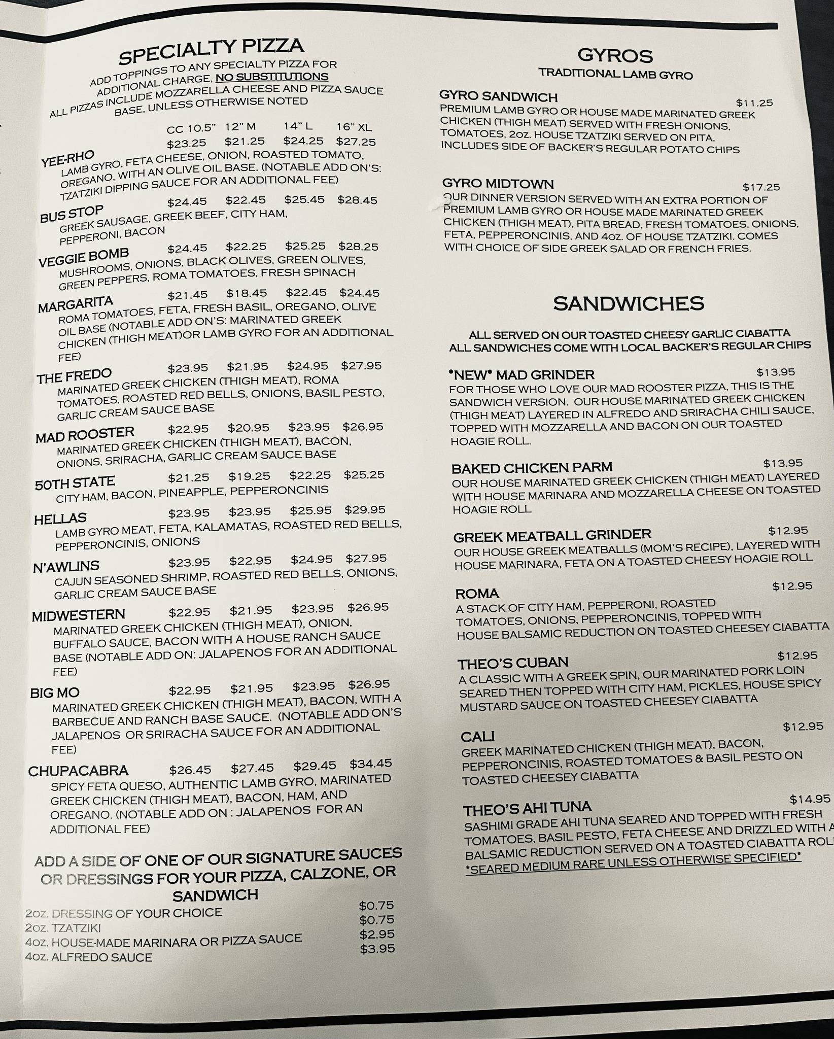 Menu at Theo's Midtown pizzeria, Jefferson City