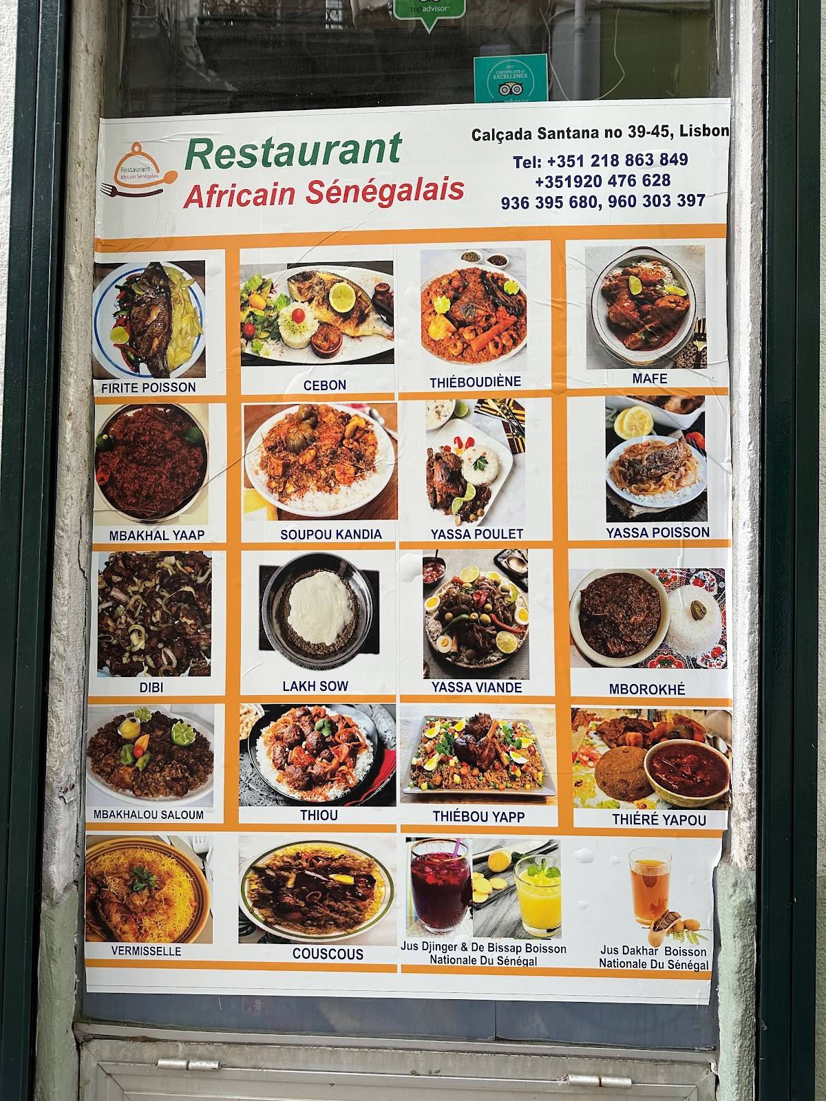 Menu at Thiep Senegal restaurant, Lisbon