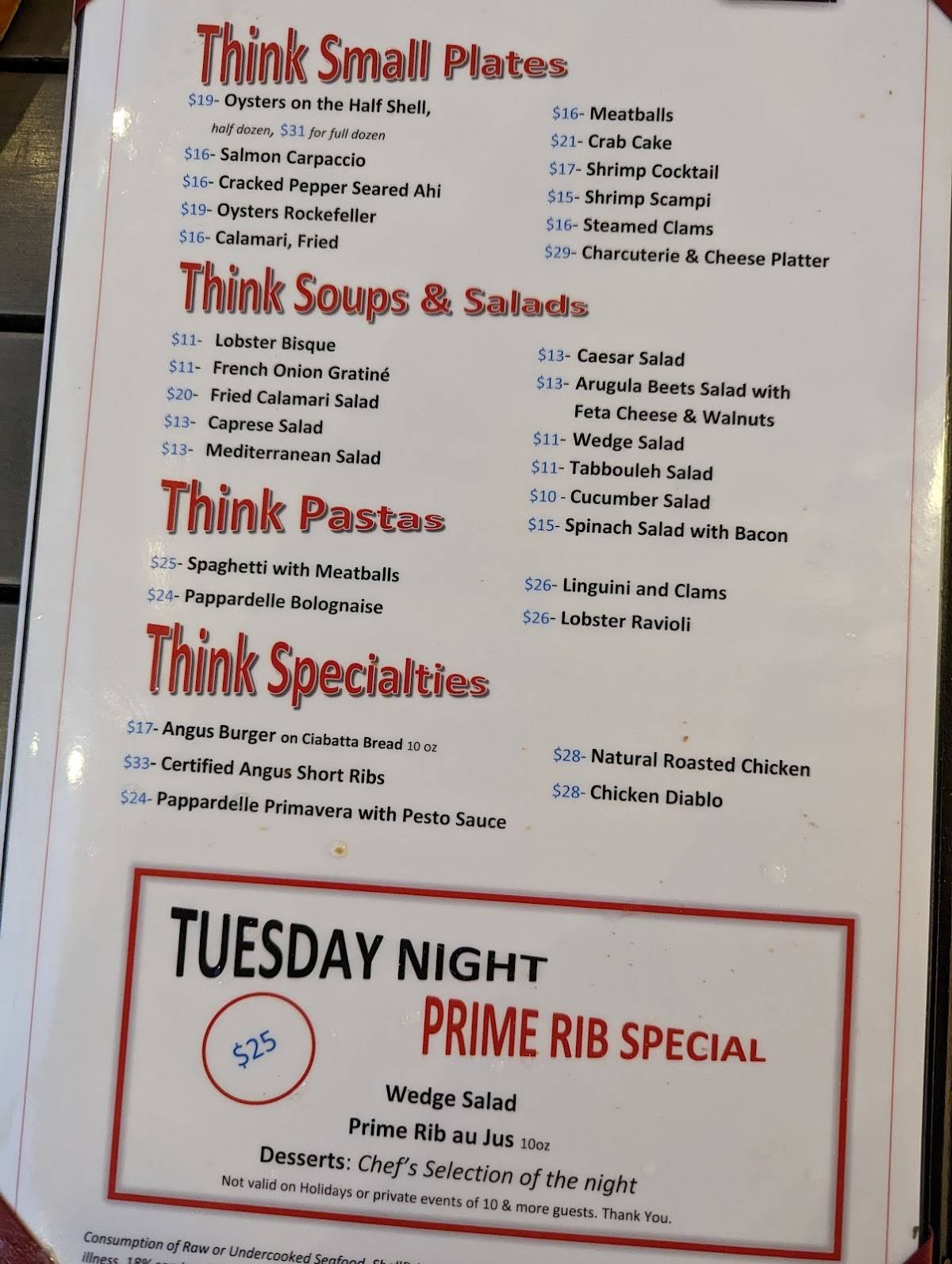 Menu at Think Prime Steak House steakhouse, Rancho Palos Verdes