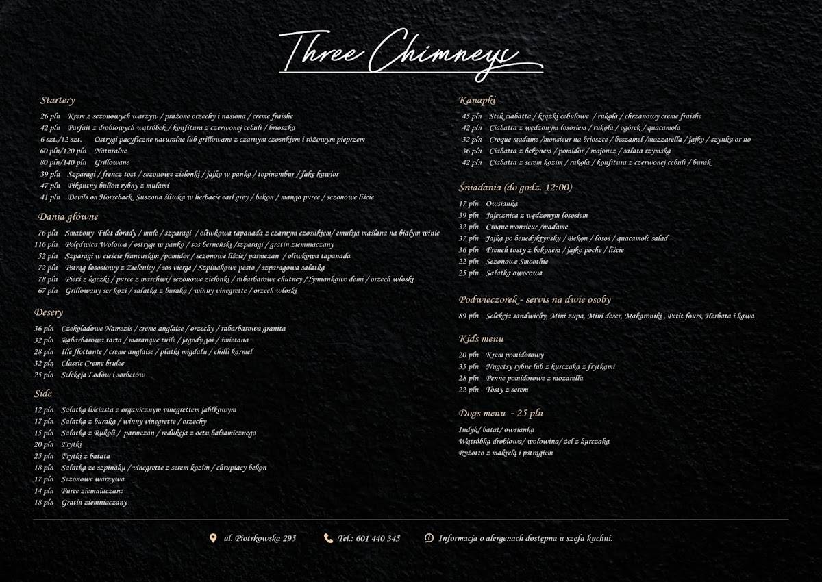 Menu at Three Chimneys restaurant, Łódź