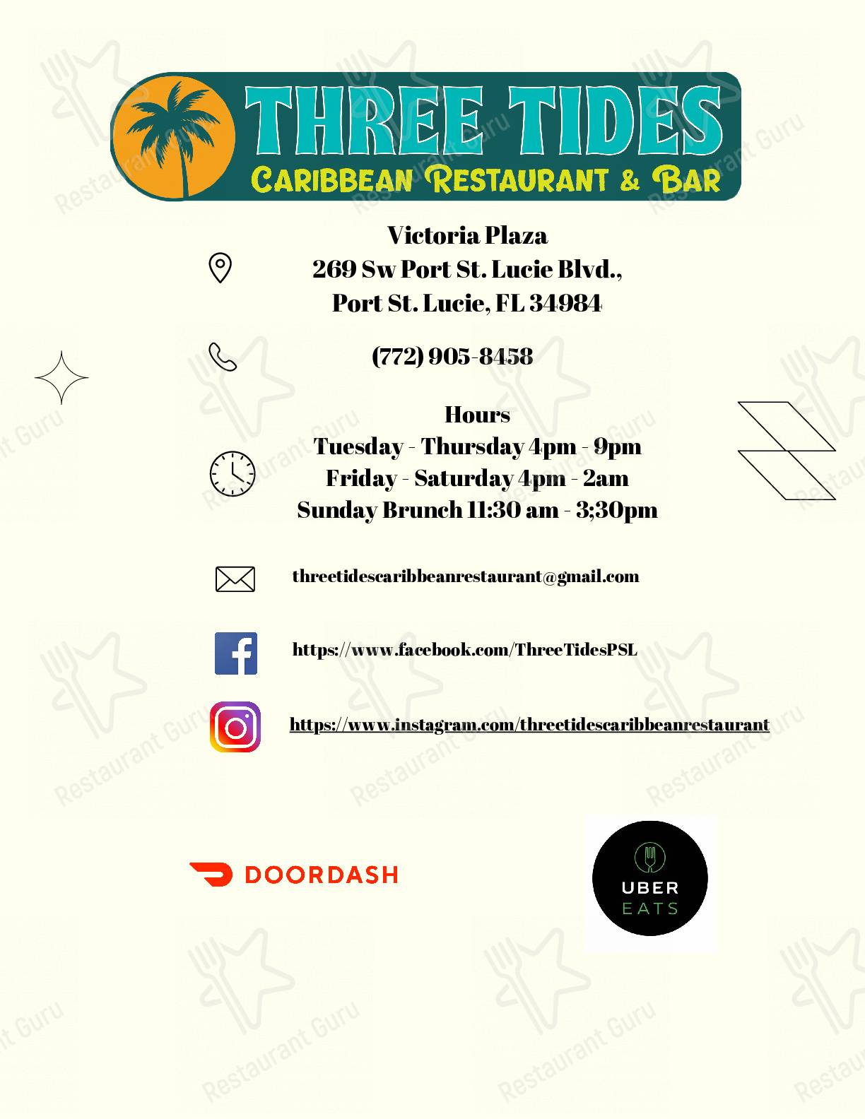 Menu at Three Tides Caribbean Restaurant & Bar, Port St. Lucie