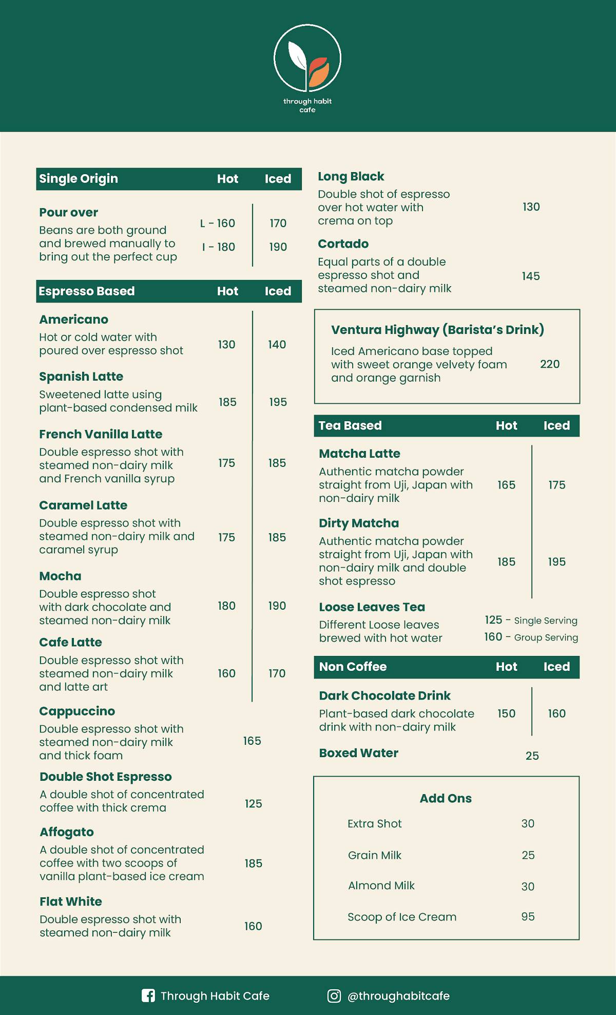Menu at Through Habit Store & Cafe, Quezon City