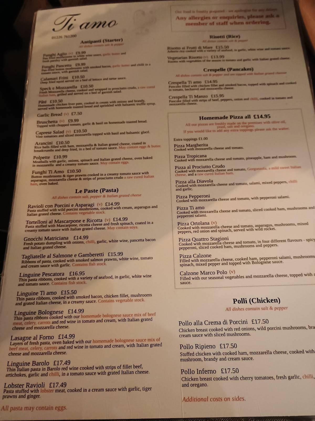Menu at Ti Amo restaurant, Sheffield