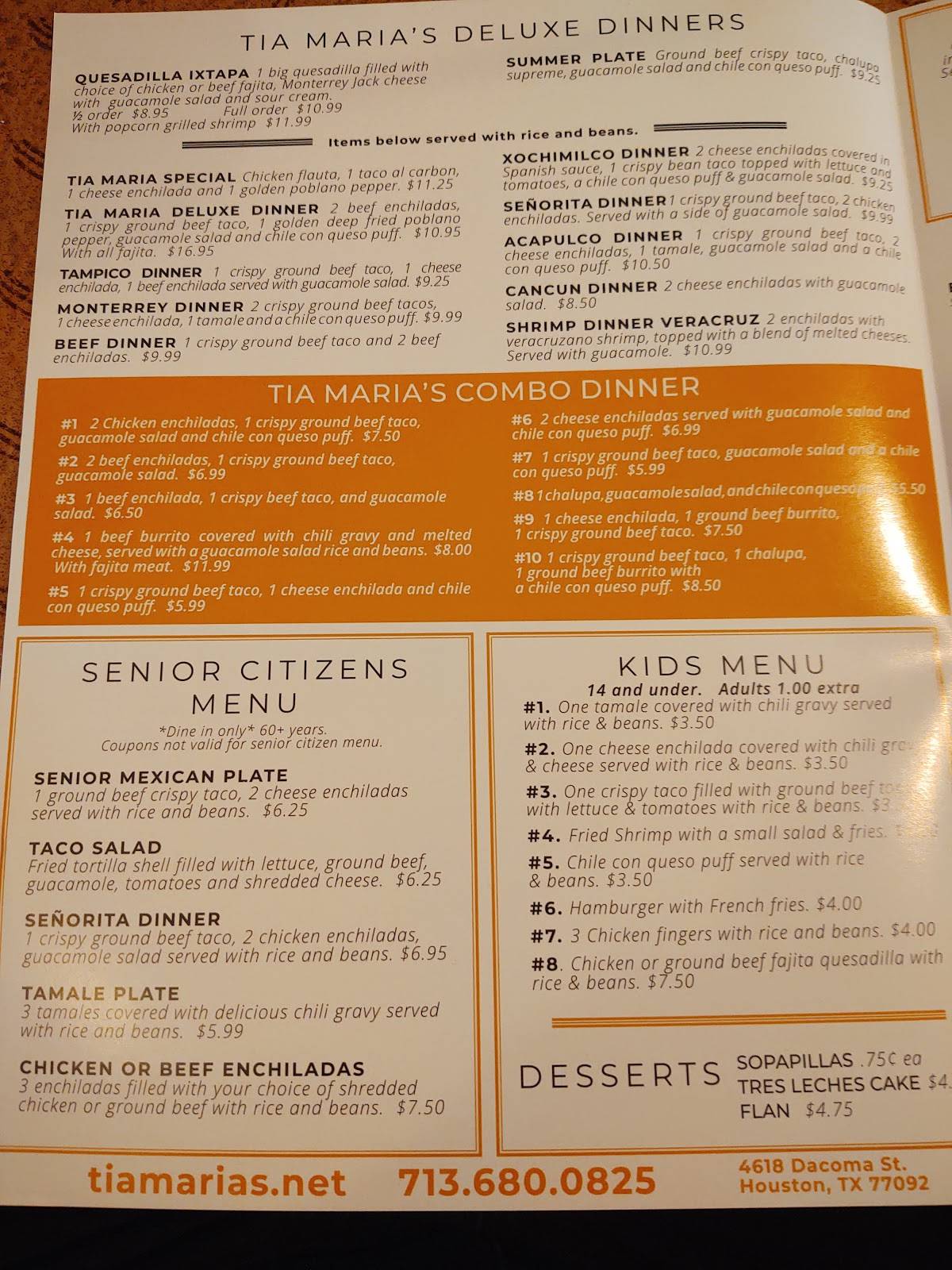 Menu at Tia Maria's restaurant, Houston, Dacoma St