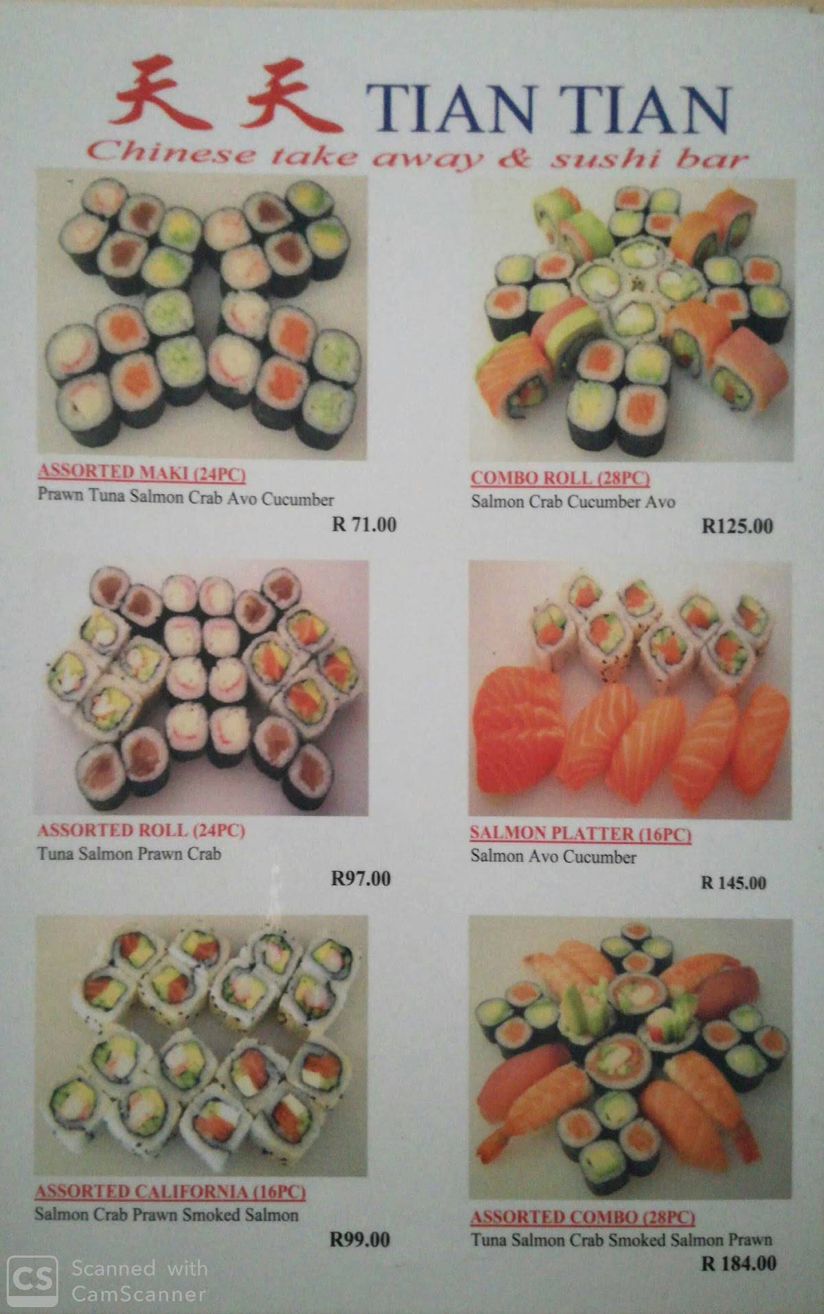 Menu at Tian Tian Chinese Restaurant and Sushi Bar, Kempton Park