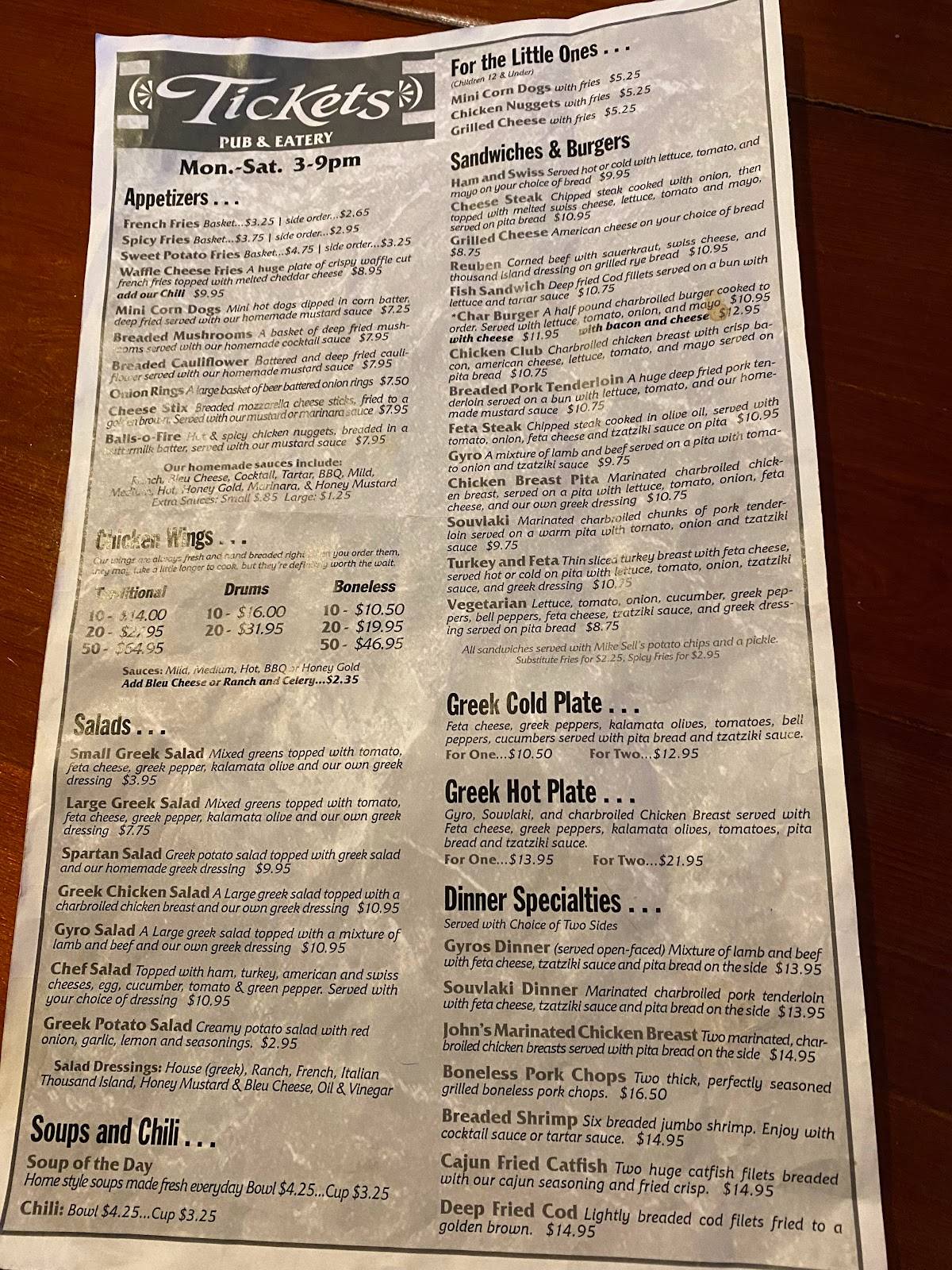 Menu at Tickets Pub & Eatery, Fairborn