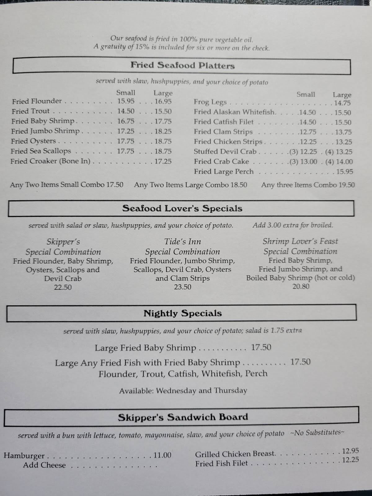 Menu at Tides Inn Steak & Seafood steakhouse, Greensboro