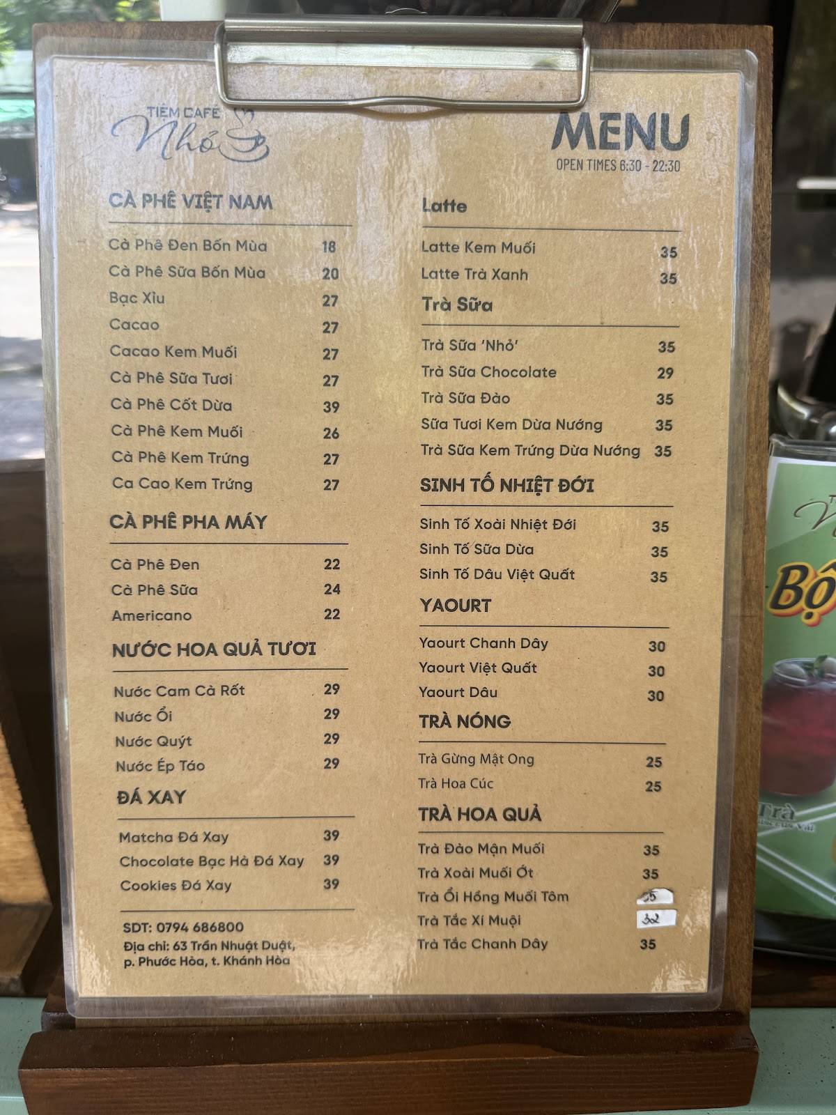 Menu at Tiệm Café Nhỏ, Ninh Hòa