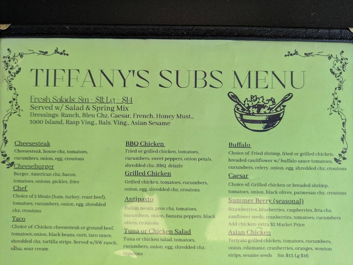 Menu at Tiffany’s Downtown restaurant, Bloomsburg