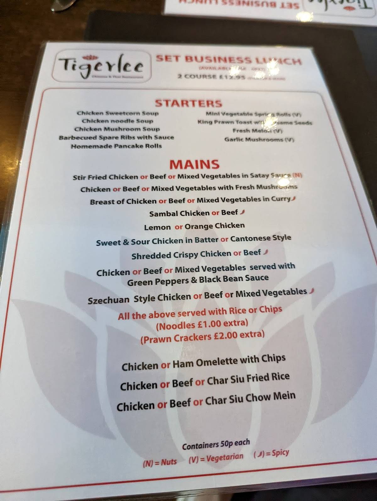 Menu at Tiger Lee restaurant, Glasgow