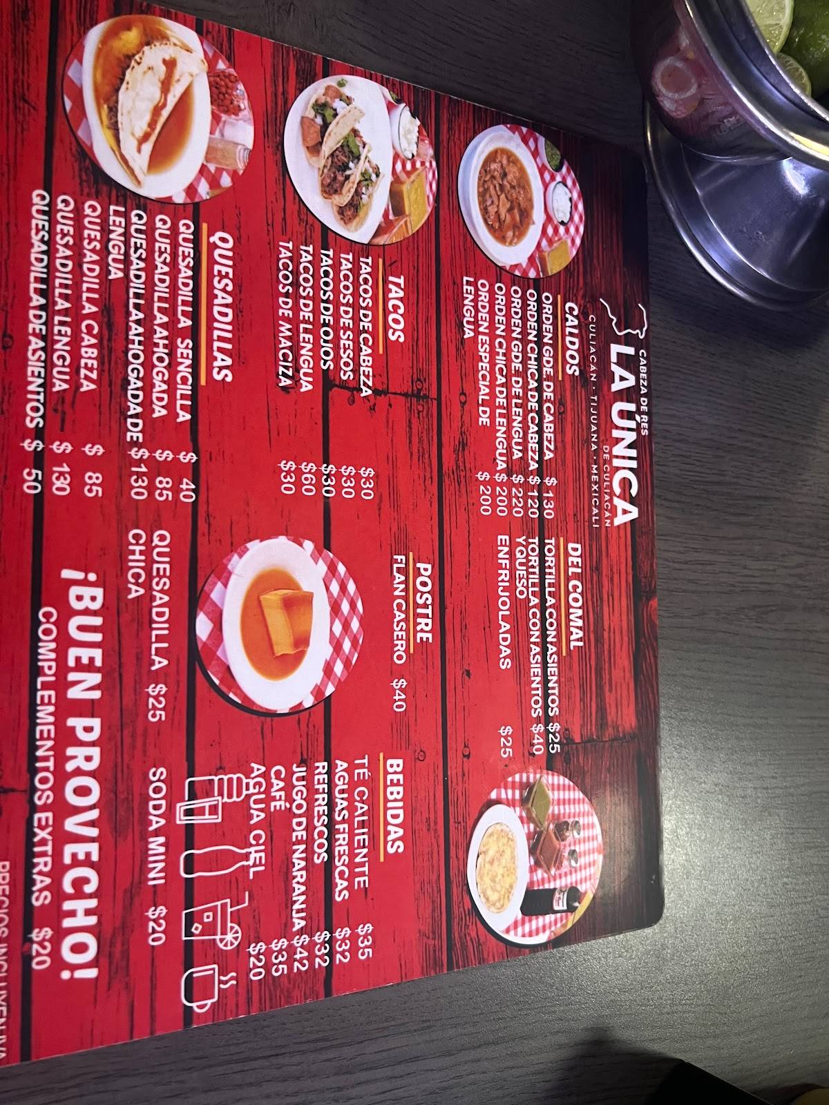 Carta del restaurante Cabeza del Res la Única, Tijuana