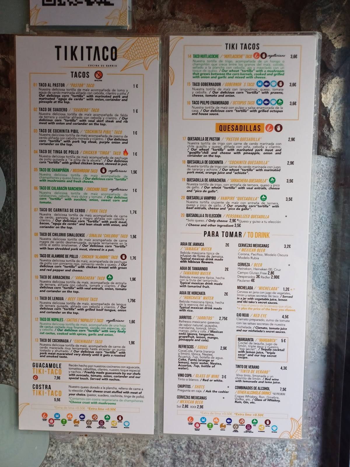 Carta del restaurante Taquería Tiki Taco, Madrid