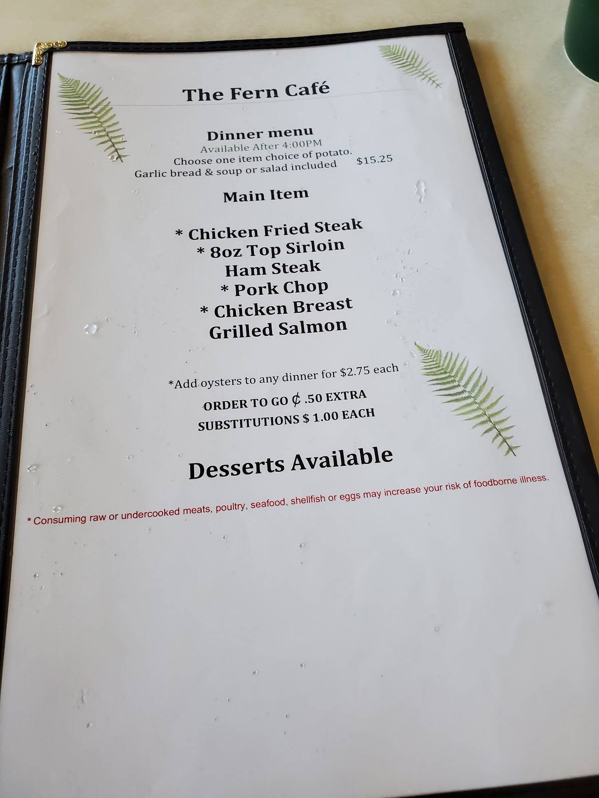 Menu at Fern Restaurant & Lounge, Tillamook