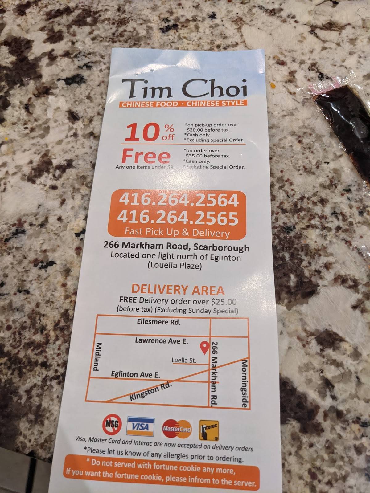 Menu at Tim Choi's Chinese Food restaurant, Toronto