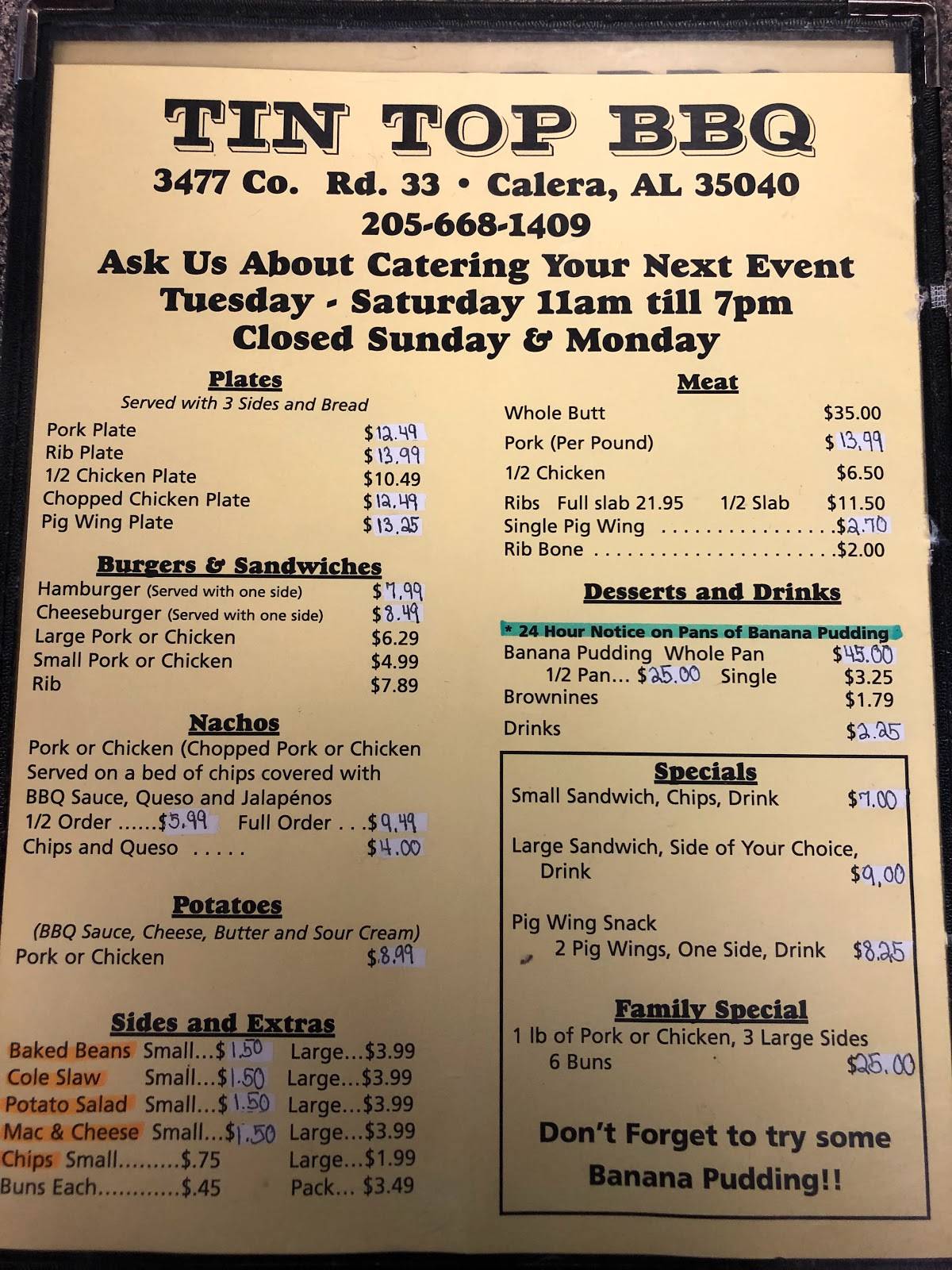 Menu at Tin Top BBQ, Calera, Co Rd 33
