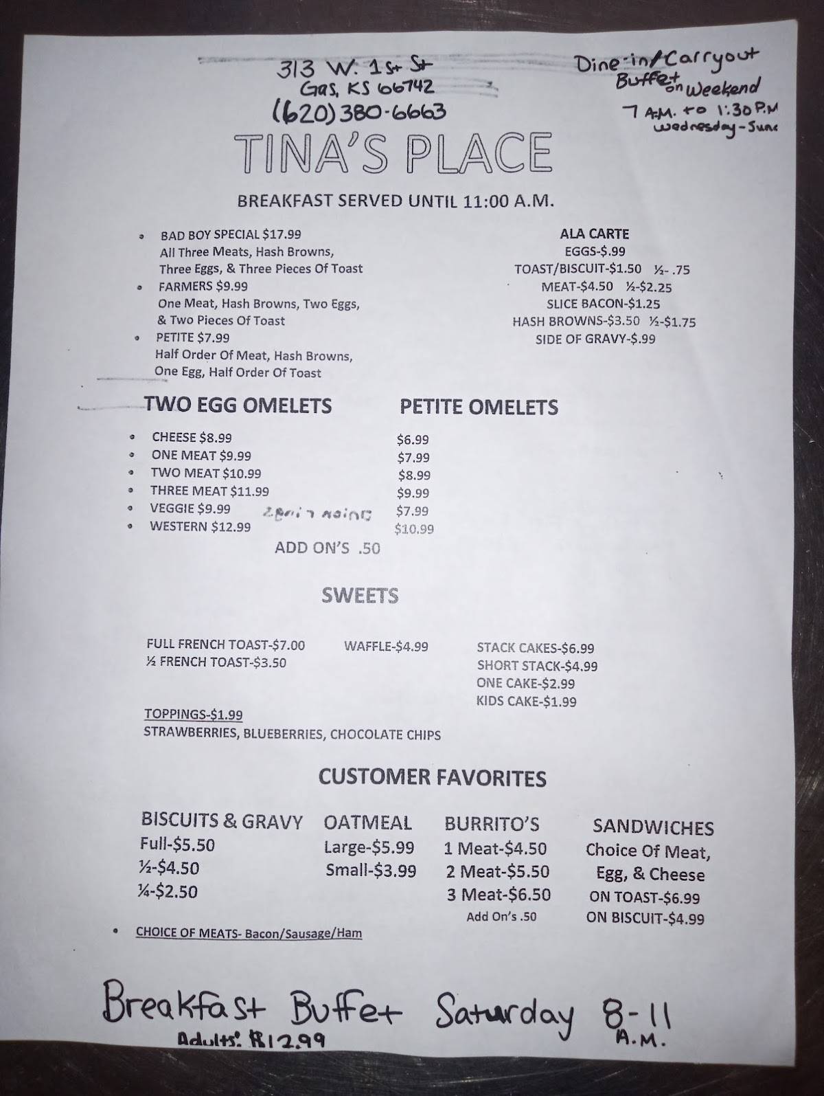 Menu at Tina's Place restaurant, Gas