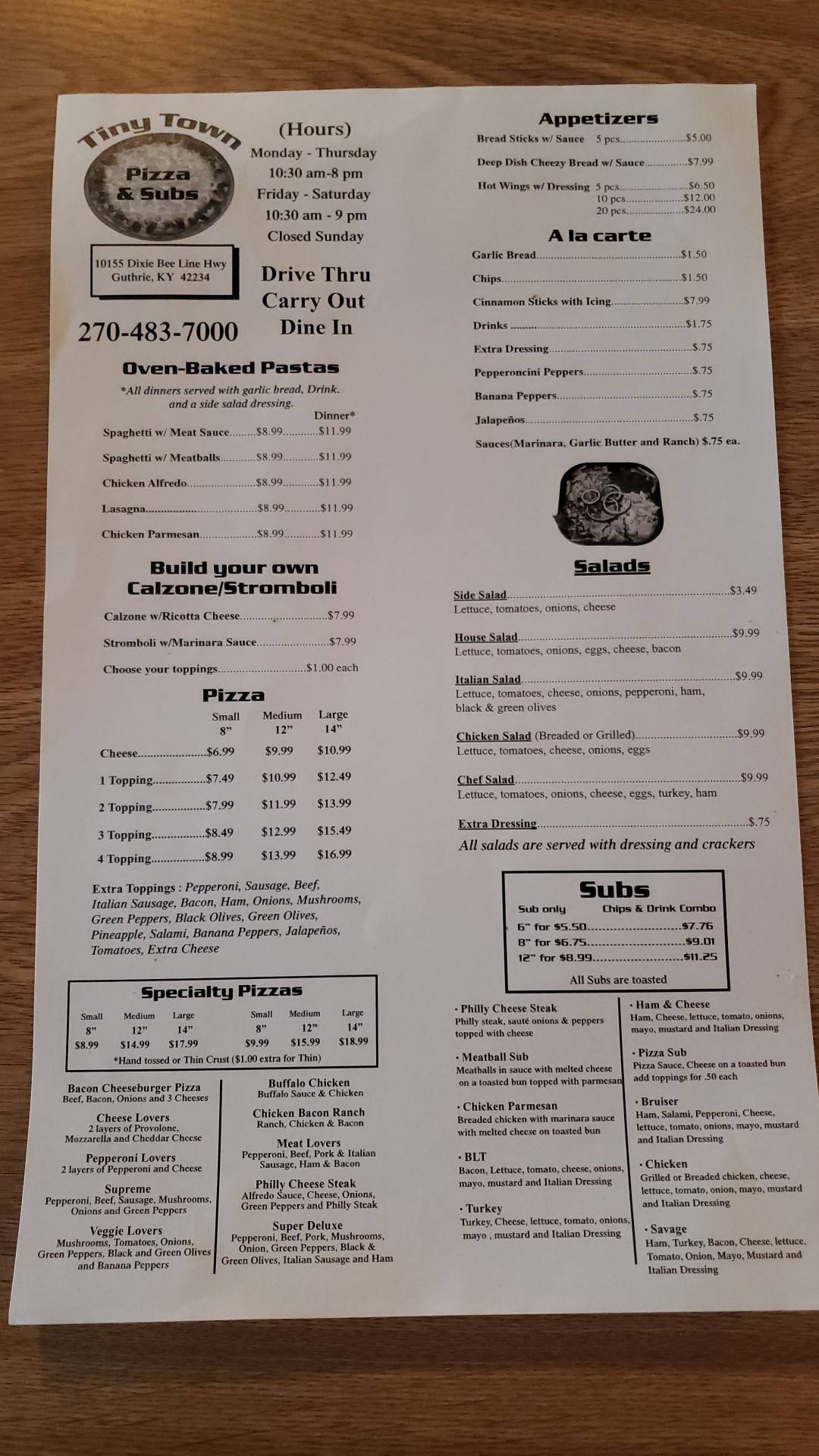 Menu at Tiny Town Pizza & Subs pizzeria, Guthrie