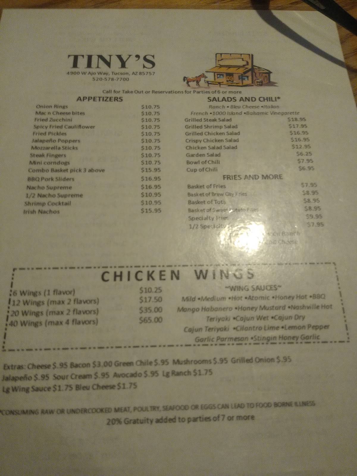 Menu at Tiny's Family Restaurant, Tucson