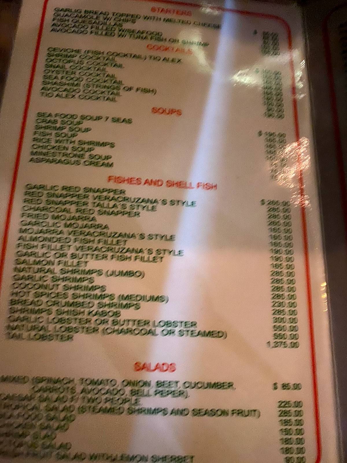 Carta del restaurante Tío Alex Mariscos y Carnes, Acapulco
