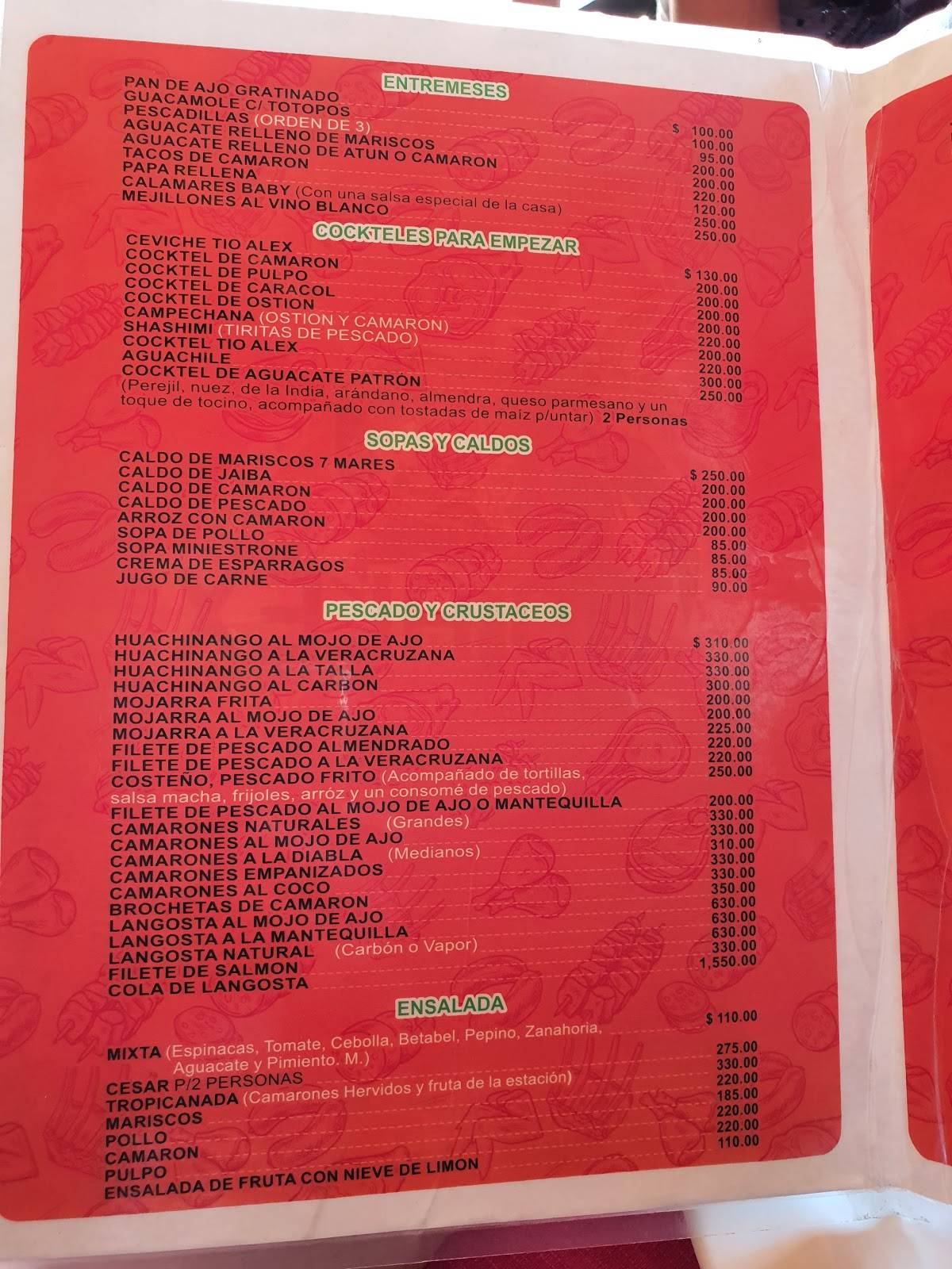 Carta del restaurante Tío Alex Mariscos y Carnes, Acapulco