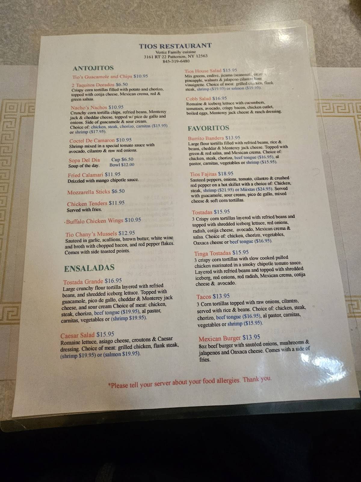 Menu at Tios Restaurant & Cantina, Patterson