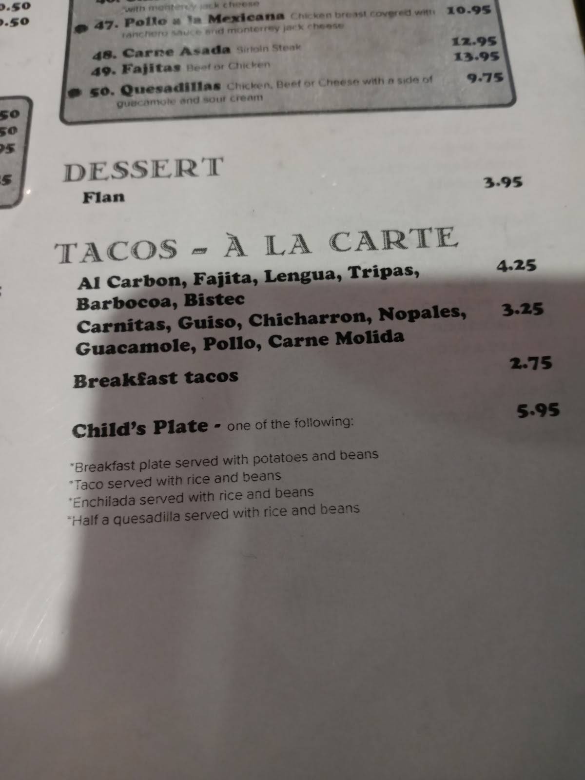 Menu at Tipico's restaurant, Dallas