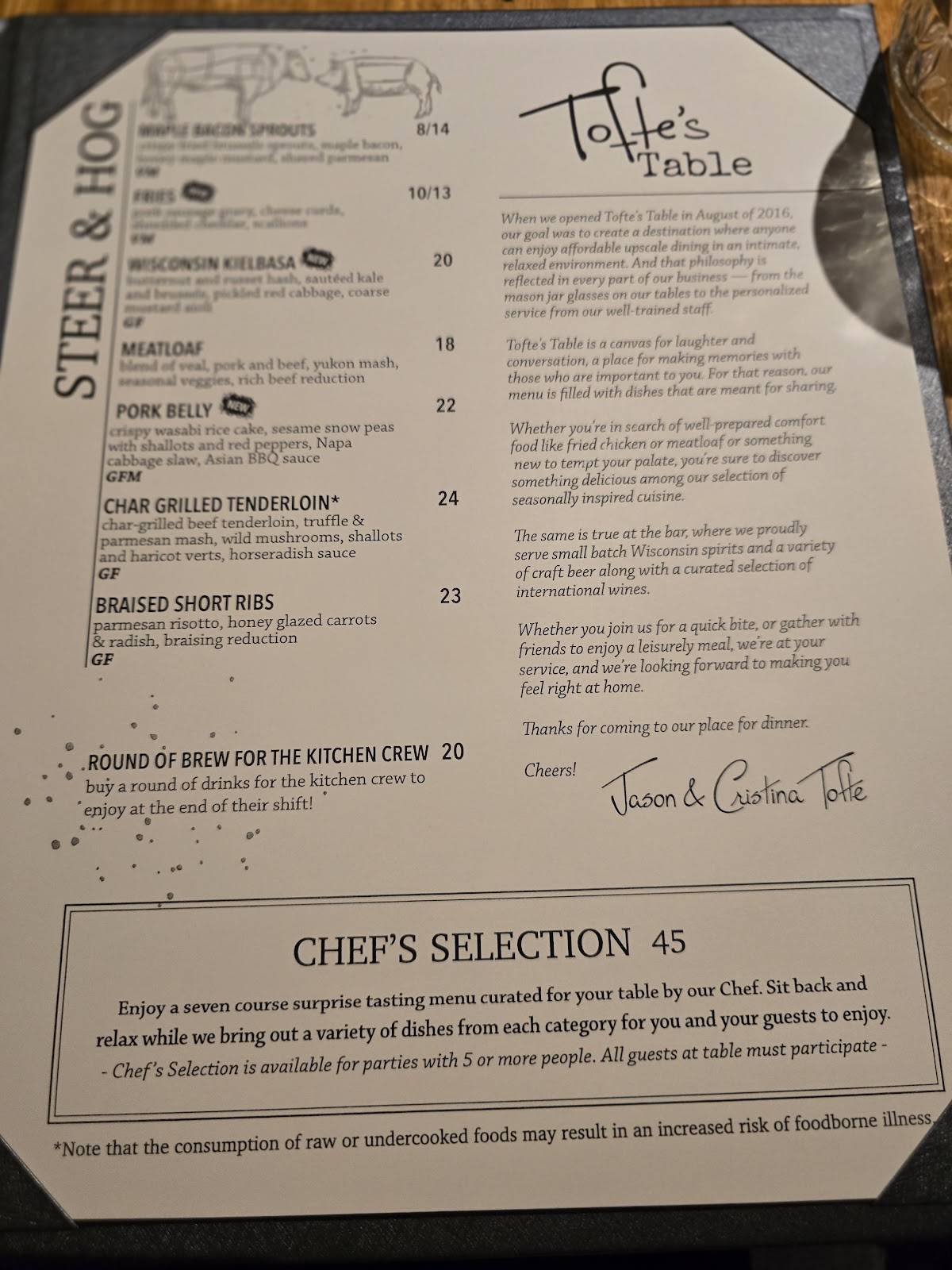 Menu at Tofte's Table pub & bar, Waukesha